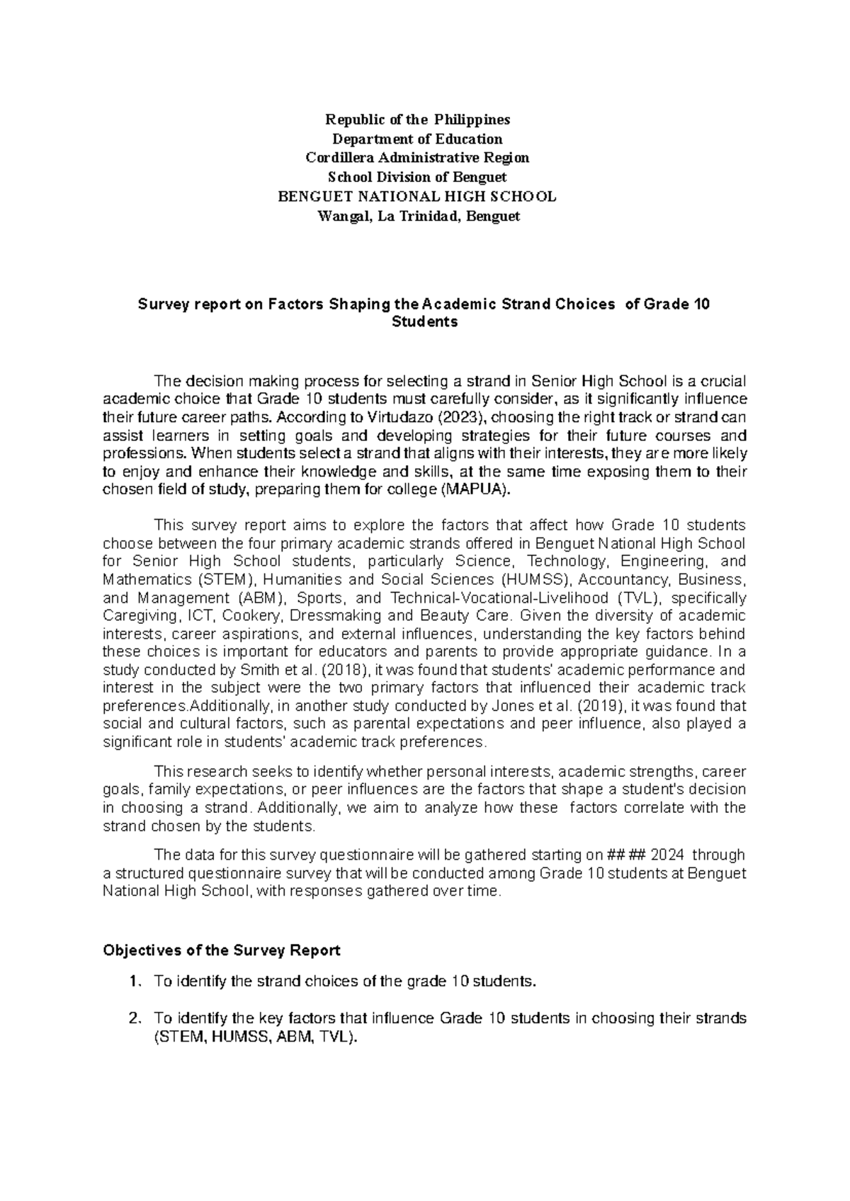 EAPP Survey Report: Factors Influencing Grade 10 Strand Choices - Studocu