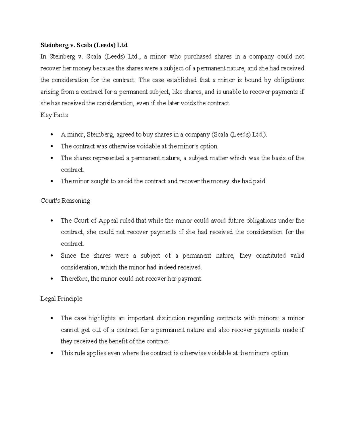 Steinberg v. Scala (Leeds) Ltd - Case Summary Analysis - Studocu