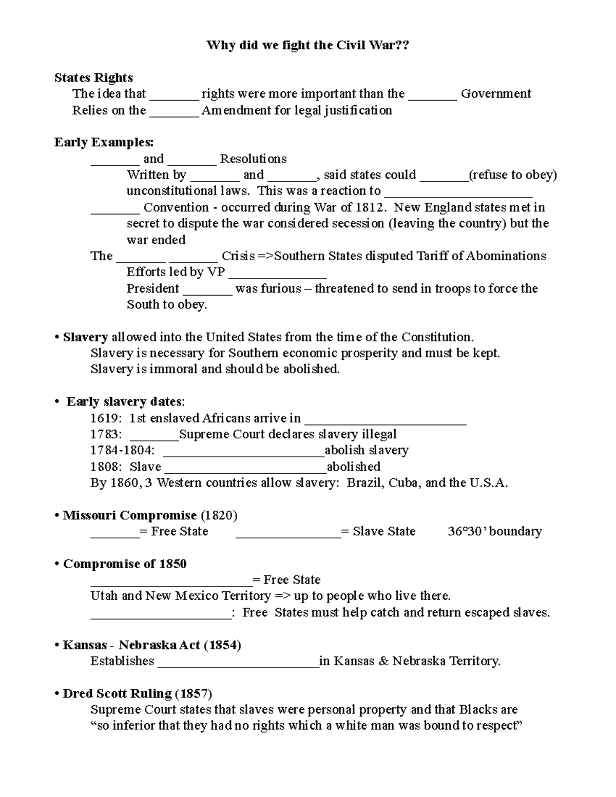 Civil War Causes Notes Student Handout - Why did we fight the Civil War ...