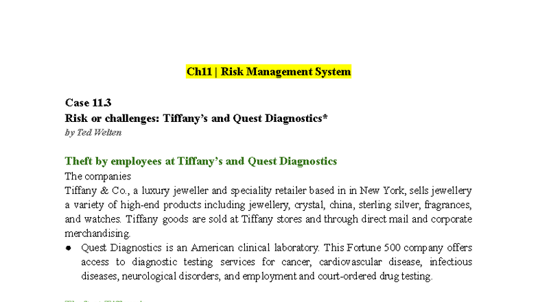 Ch12 Risk Management Case Study: Theft at Tiffany & Quest Diagnostics ...