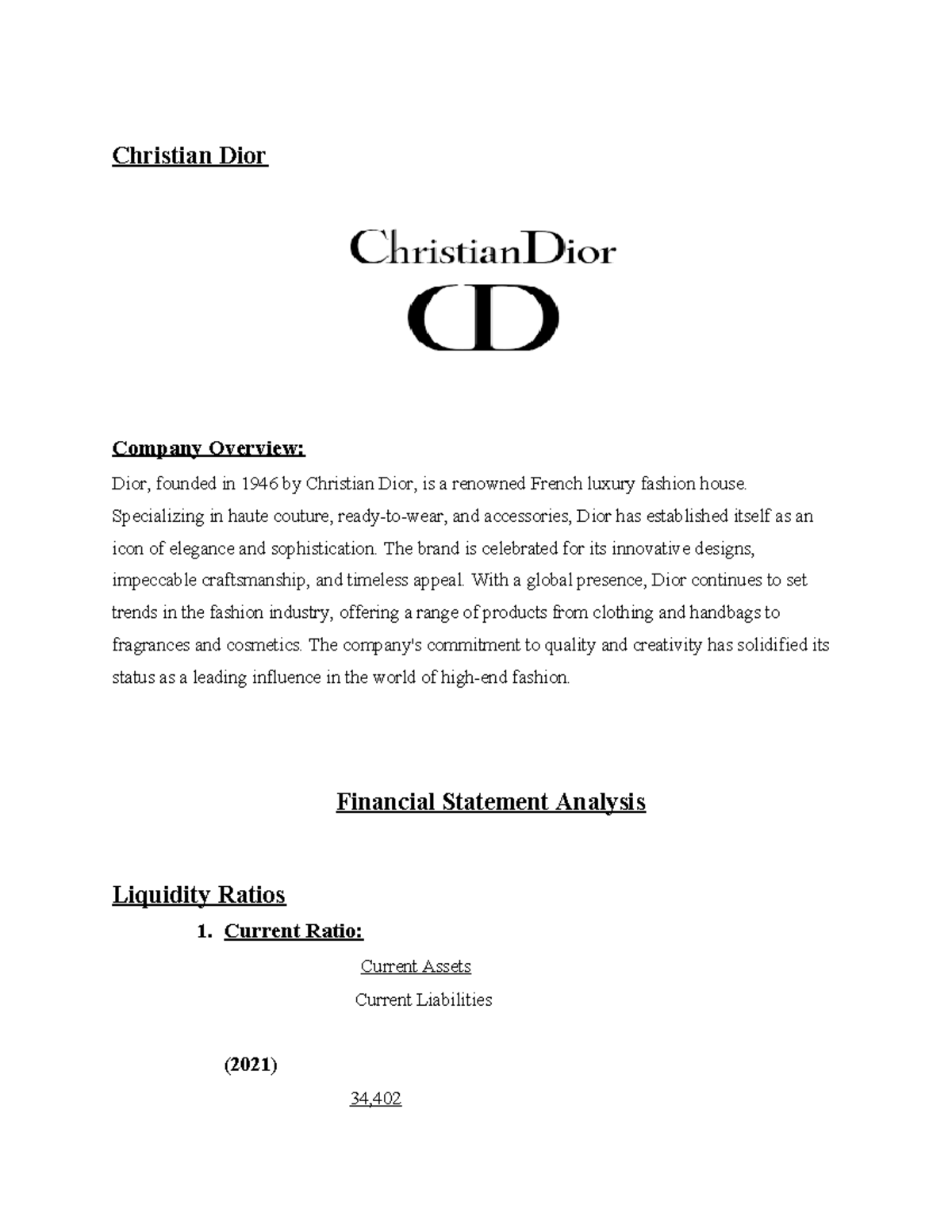 Financial Statement Analysis for Christian Dior: 2021-2022 Review - Studocu