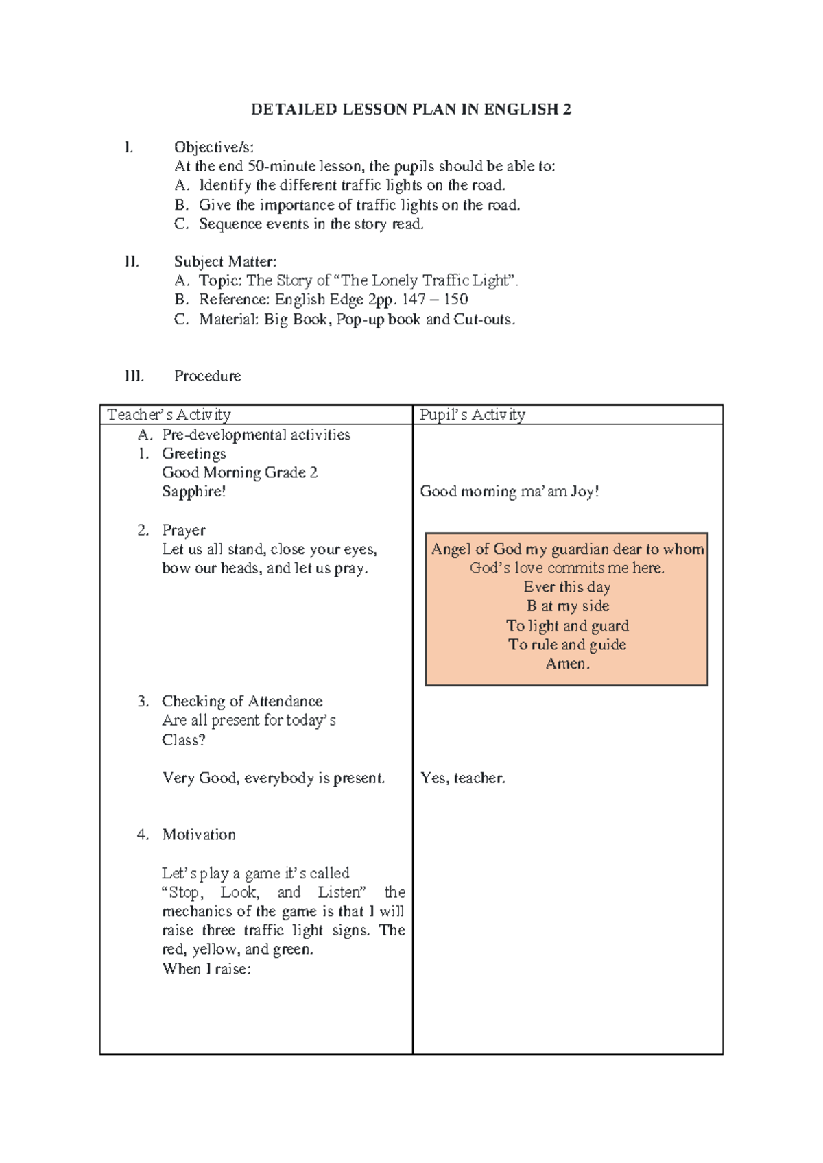 English 2: The Lonely Traffic Light Lesson Plan - Studocu