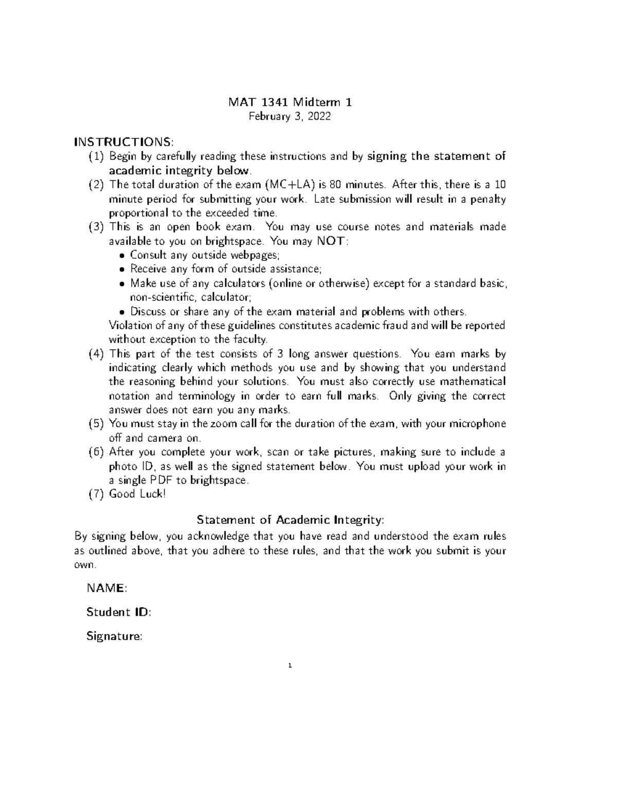M1V2 - Introduction to Linear Algebra MAT1341 with prof hofstra. midterm 1 questions - MAT 1341 ...