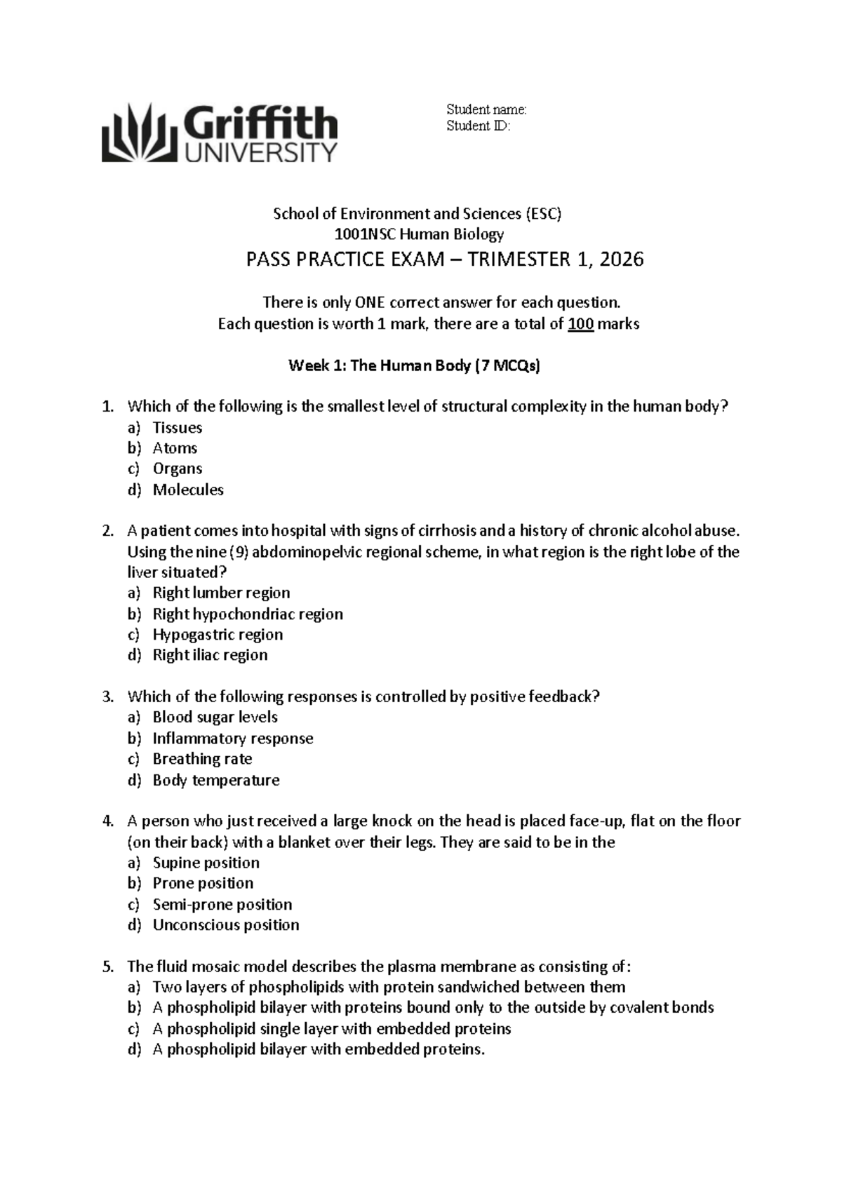 Human Biology ESC 1001NSC Final Exam Practice Trimester 1, 2026 - Studocu