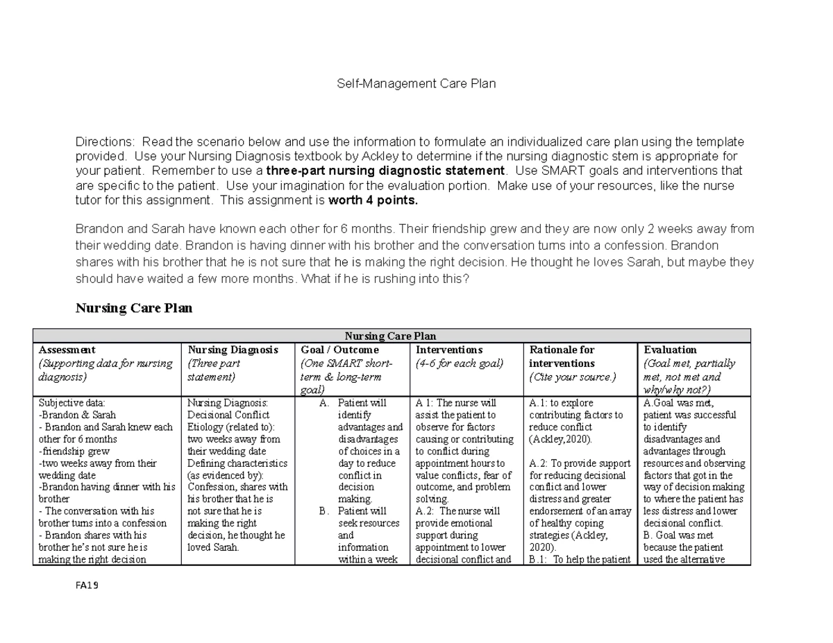 A Self Management Care Plan - Intro to Nursing Self-Management Care ...