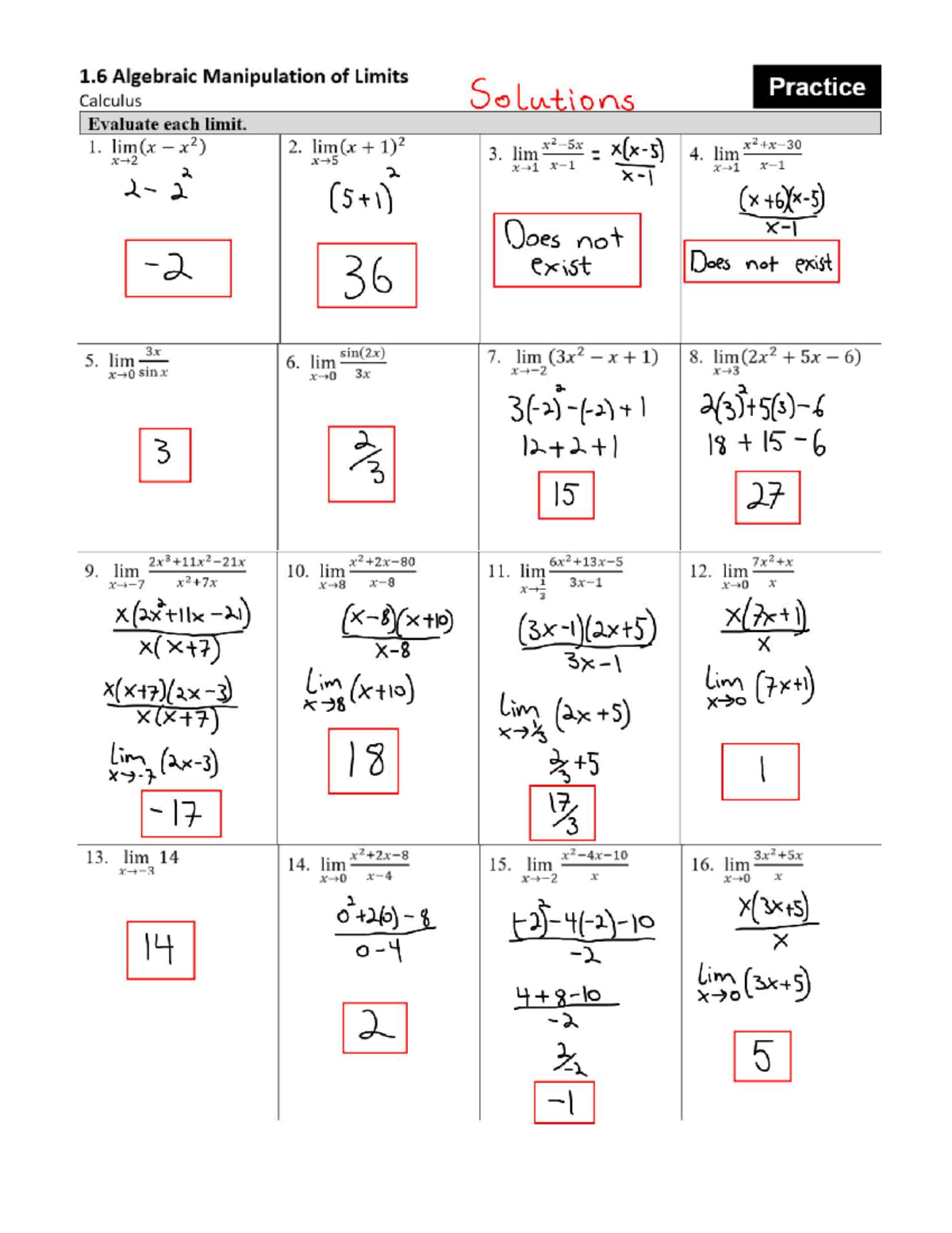 Calculus 1 - Algebraic Limit Manipulation Practice Solutions - Studocu