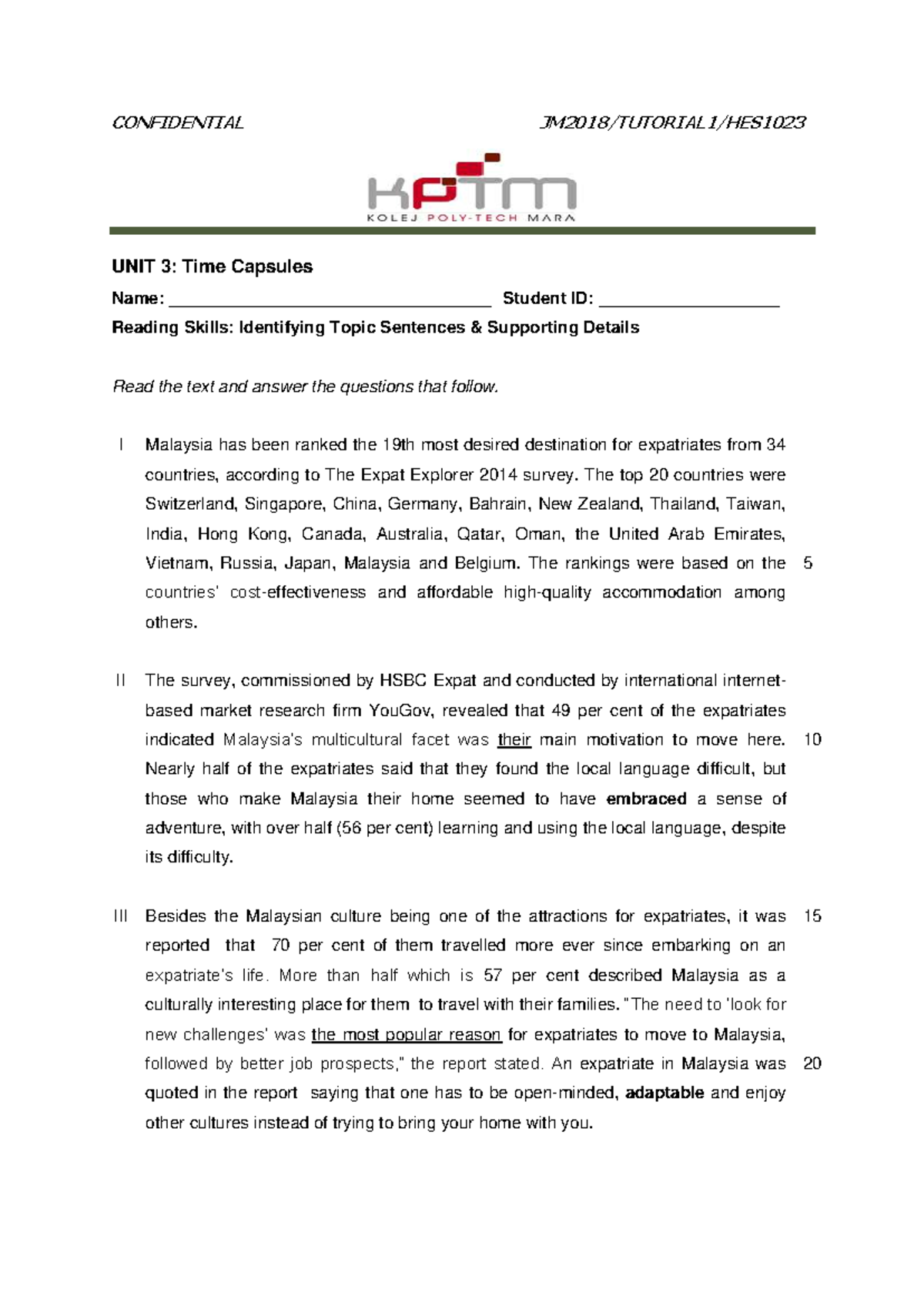 CONFIDENTIAL UNIT 3: Time Capsule Exercise 01 - Expatriate Insights ...