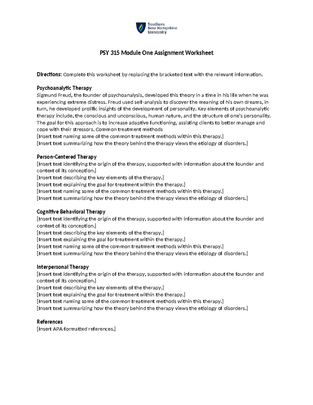 PSY 315 Module 1 Psychoanalytic Therapy Assignment Worksheet - Studocu