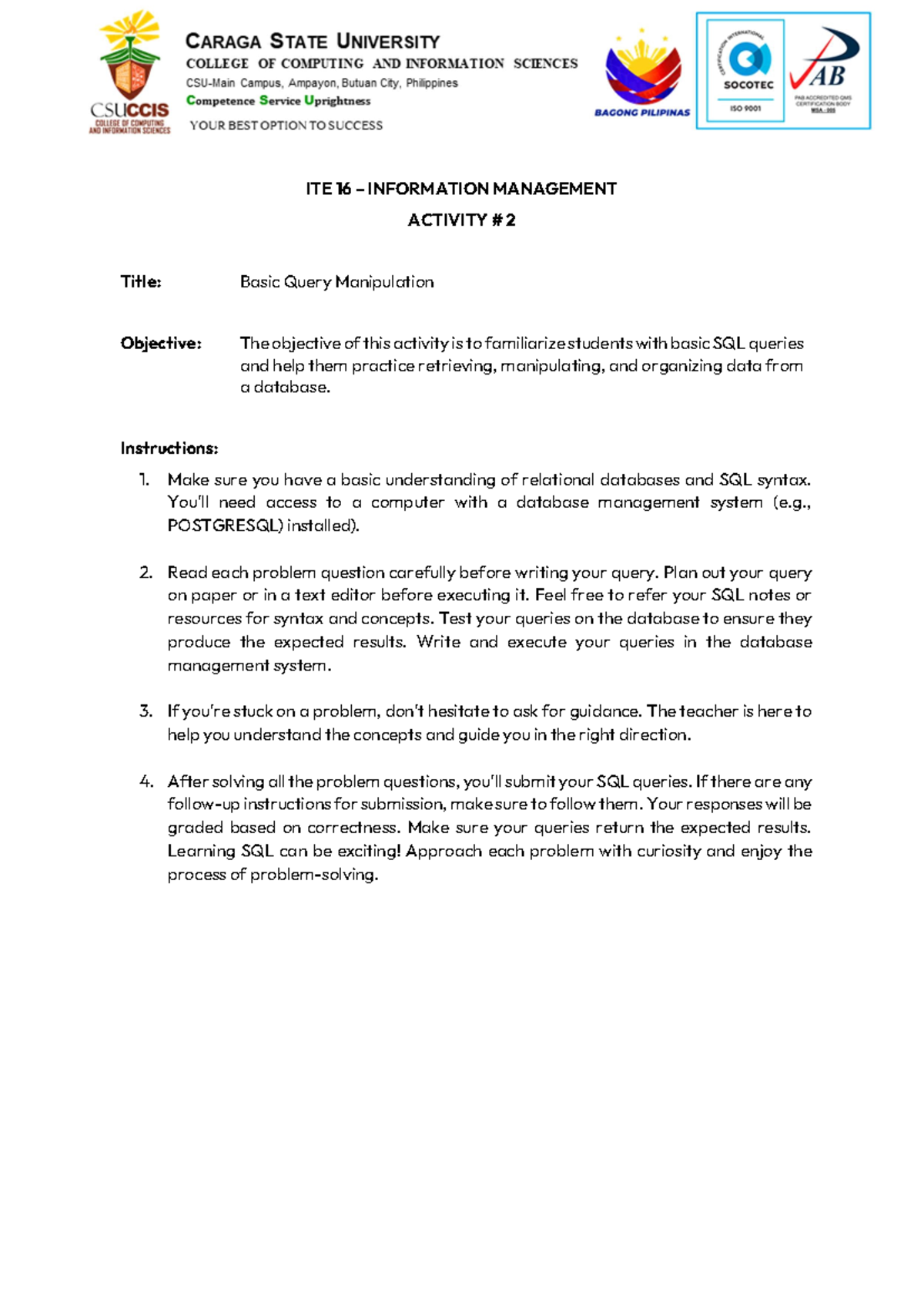 ITE 16 2nd Lab Activity - Basic SQL Query Manipulation Guide - Studocu