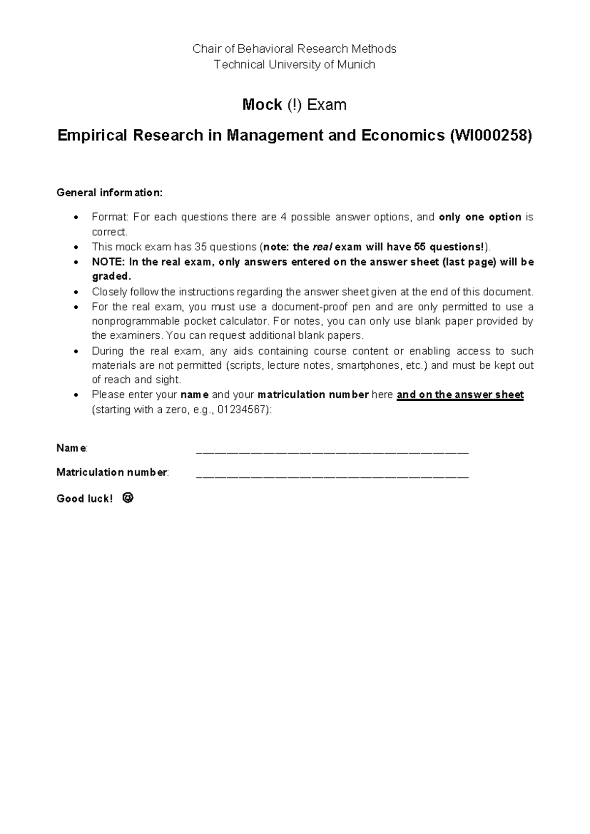 Mock Exam: Empirical Research in Management and Economics (BEM 101) - Studocu