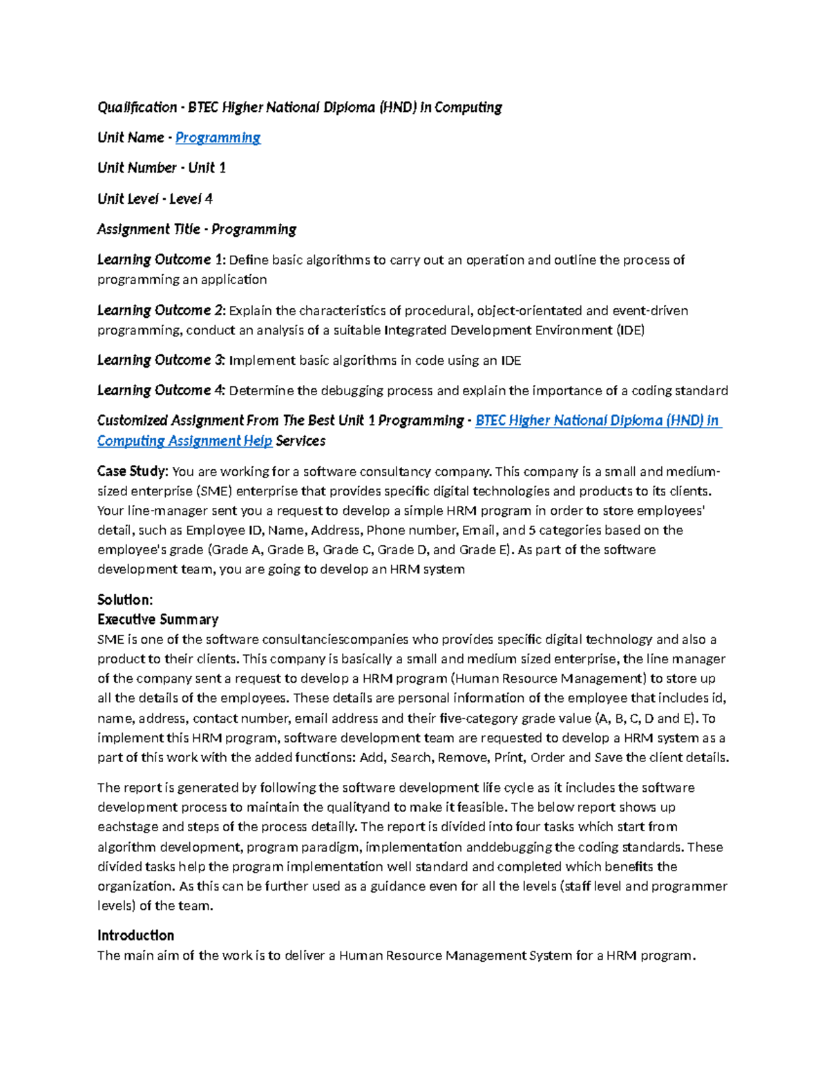 Unit 1 Programming Assignment - BTEC HND in Computing Guide - Studocu