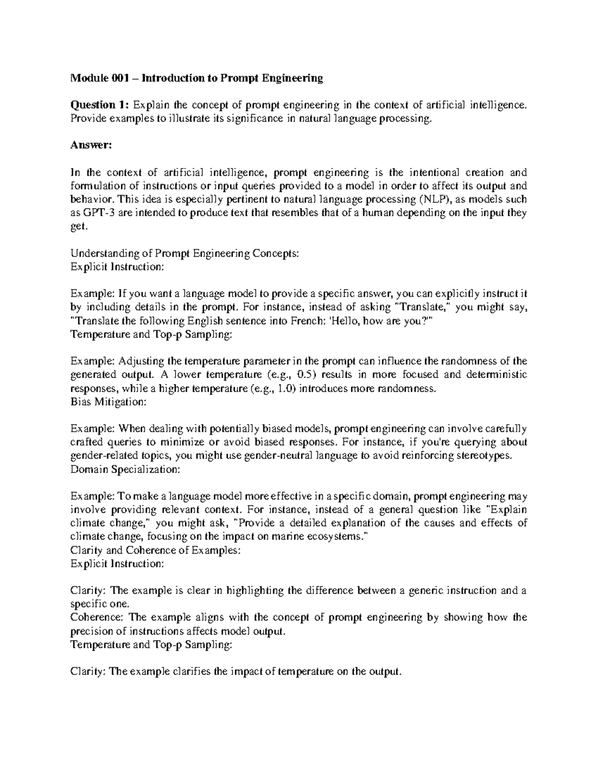 AI Prelim LAB EXAM - Module 001 – Introduction to Prompt Engineering Question 1: Explain the ...