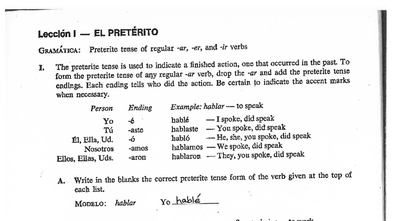 Lección I - El Pretérito Regular: Ejercicios y Respuestas - AP Spanish ...