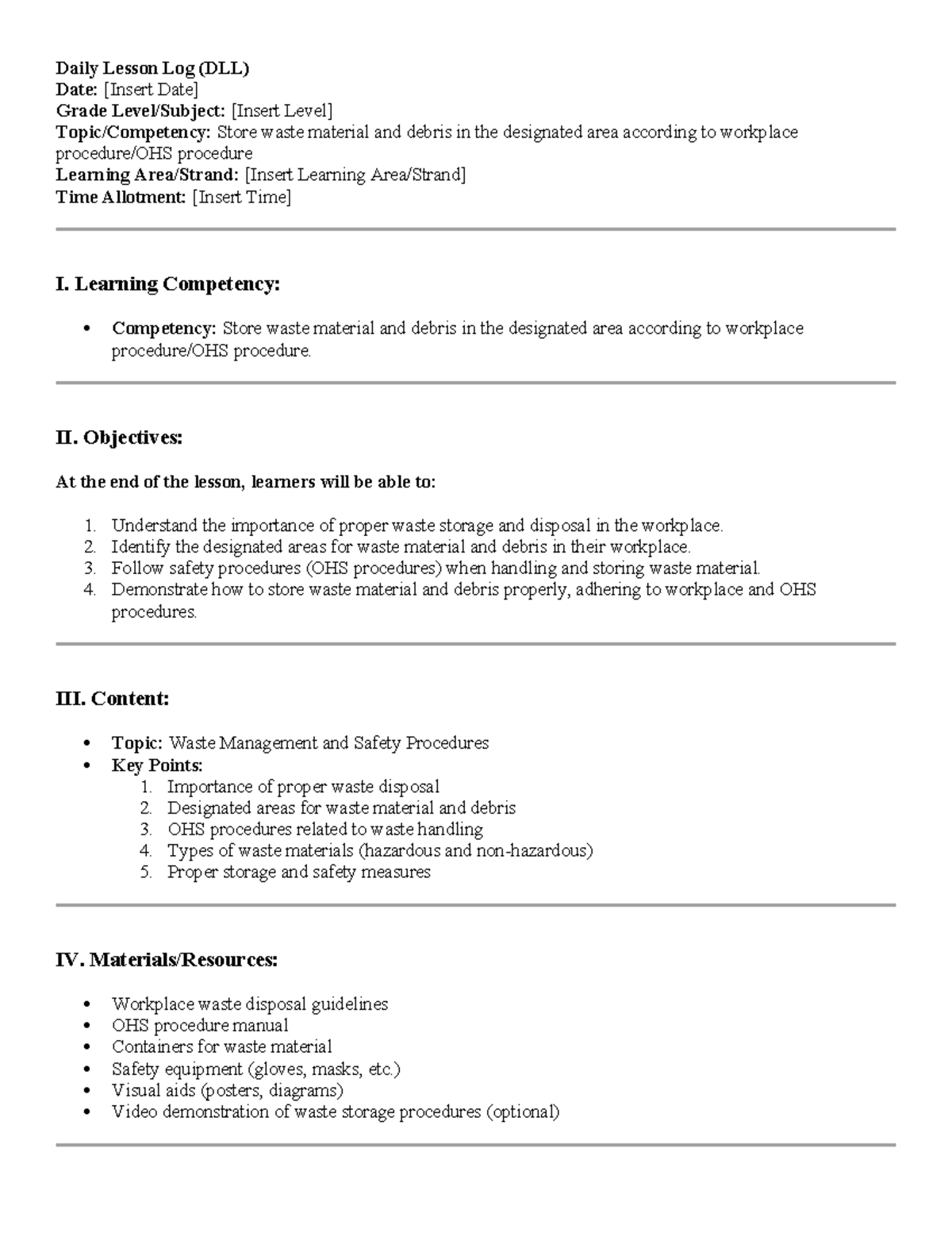 DLL - Waste Management and Safety Procedures Lesson Plan - Studocu
