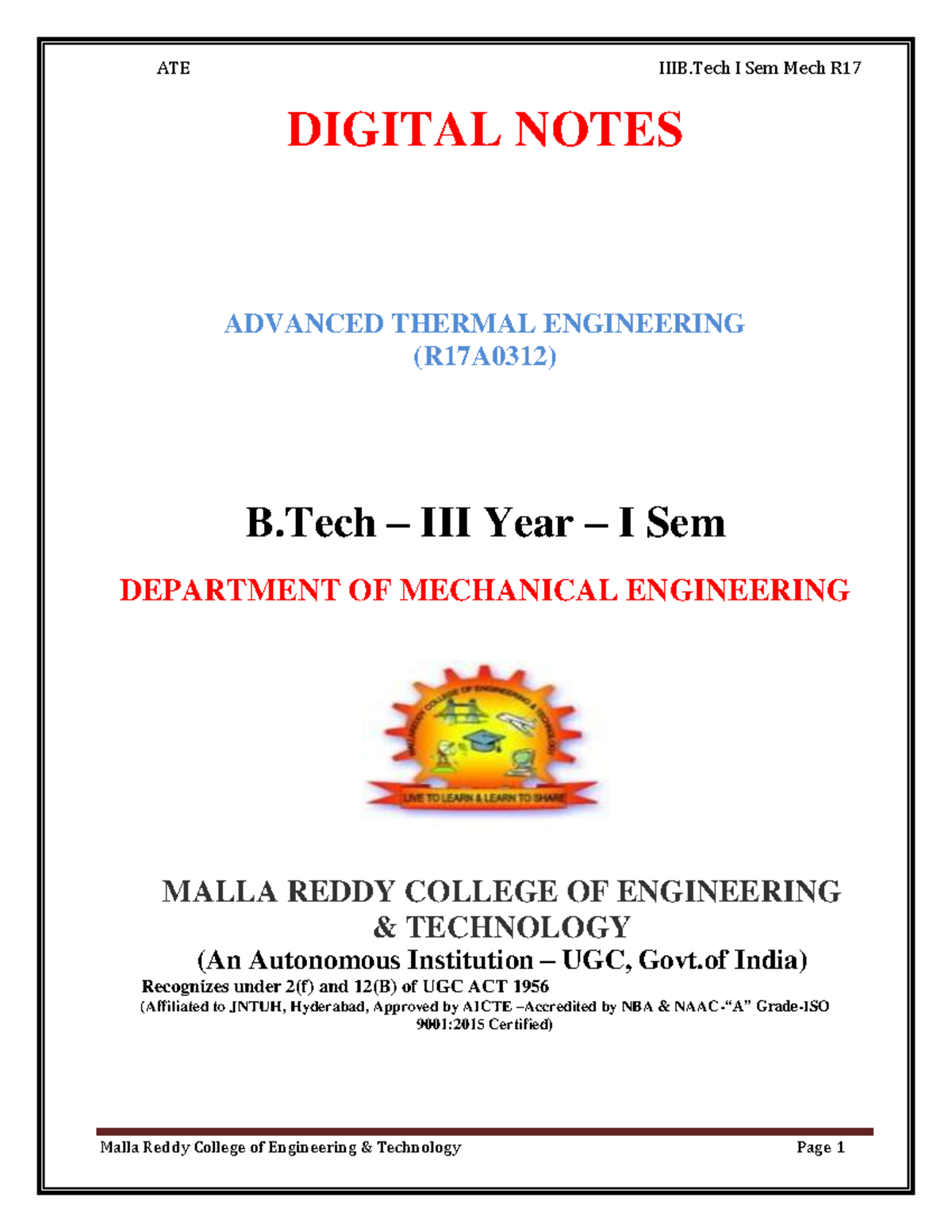 Advanced Thermal Engineering (R17A0312) Digital Notes for B.Tech III ...