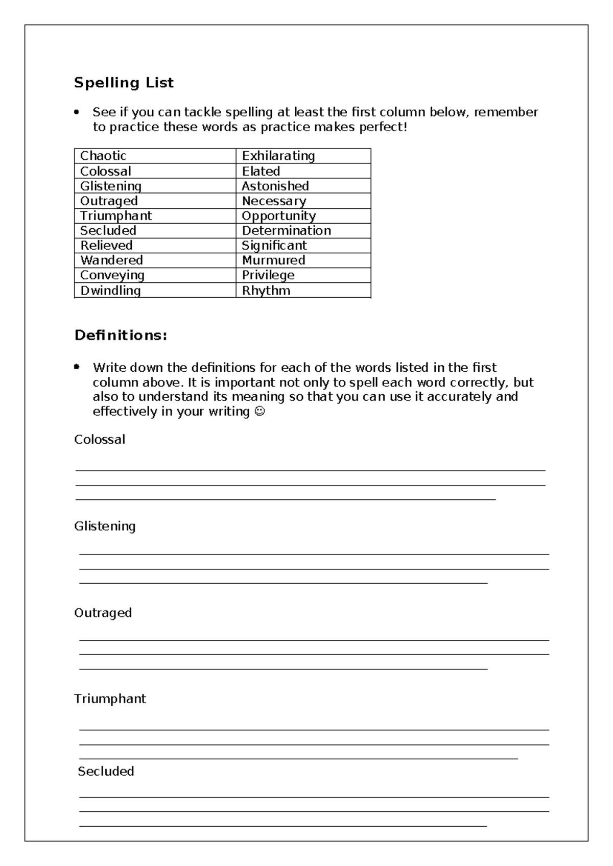 Spelling Practice List: Key Words & Definitions - Studocu