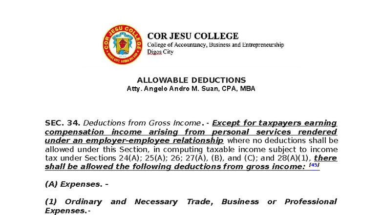 ALLOWABLE DEDUCTIONS: A Comprehensive Guide on Tax Deductions - Studocu