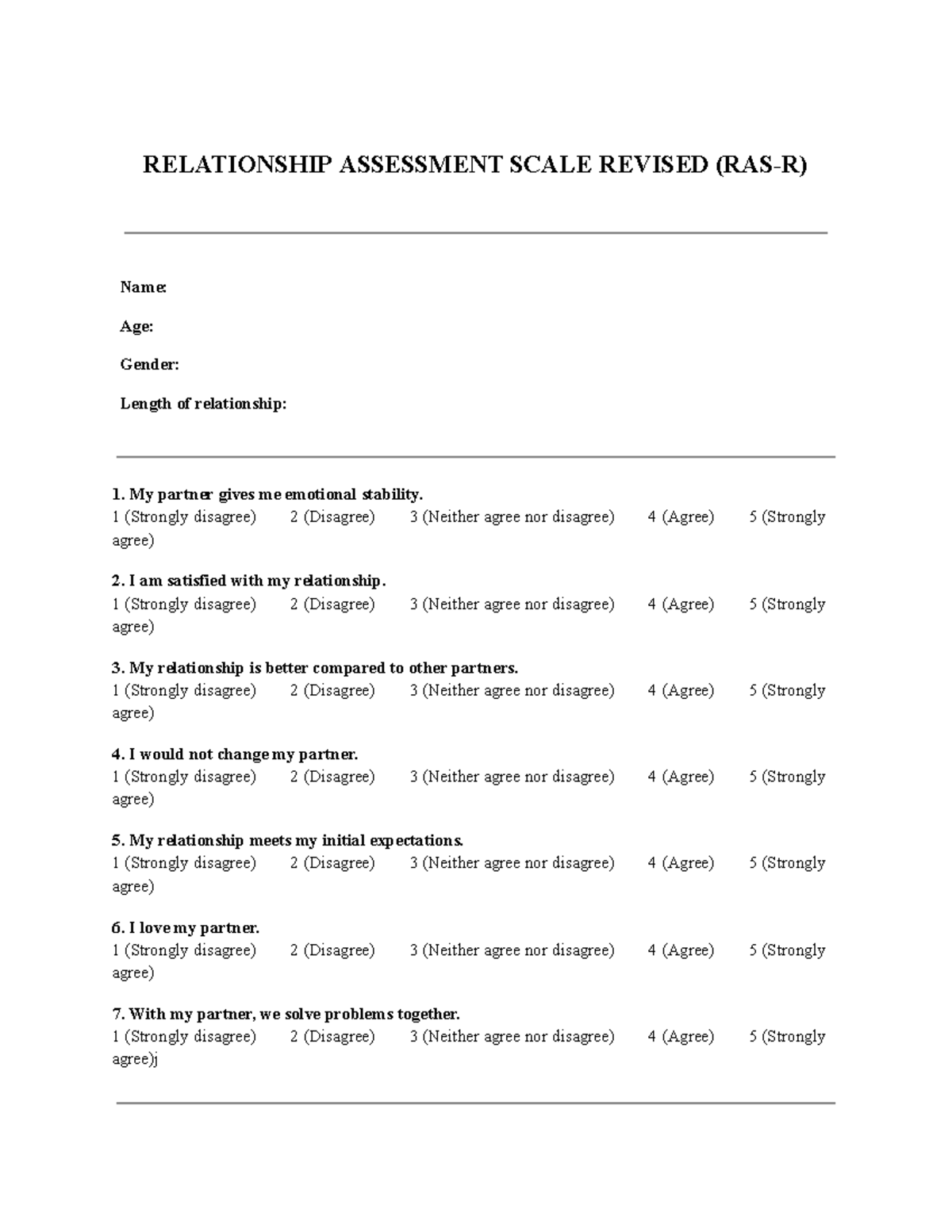 Revised Relationship Assessment Scale (RAS-R) Questionnaire - Studocu