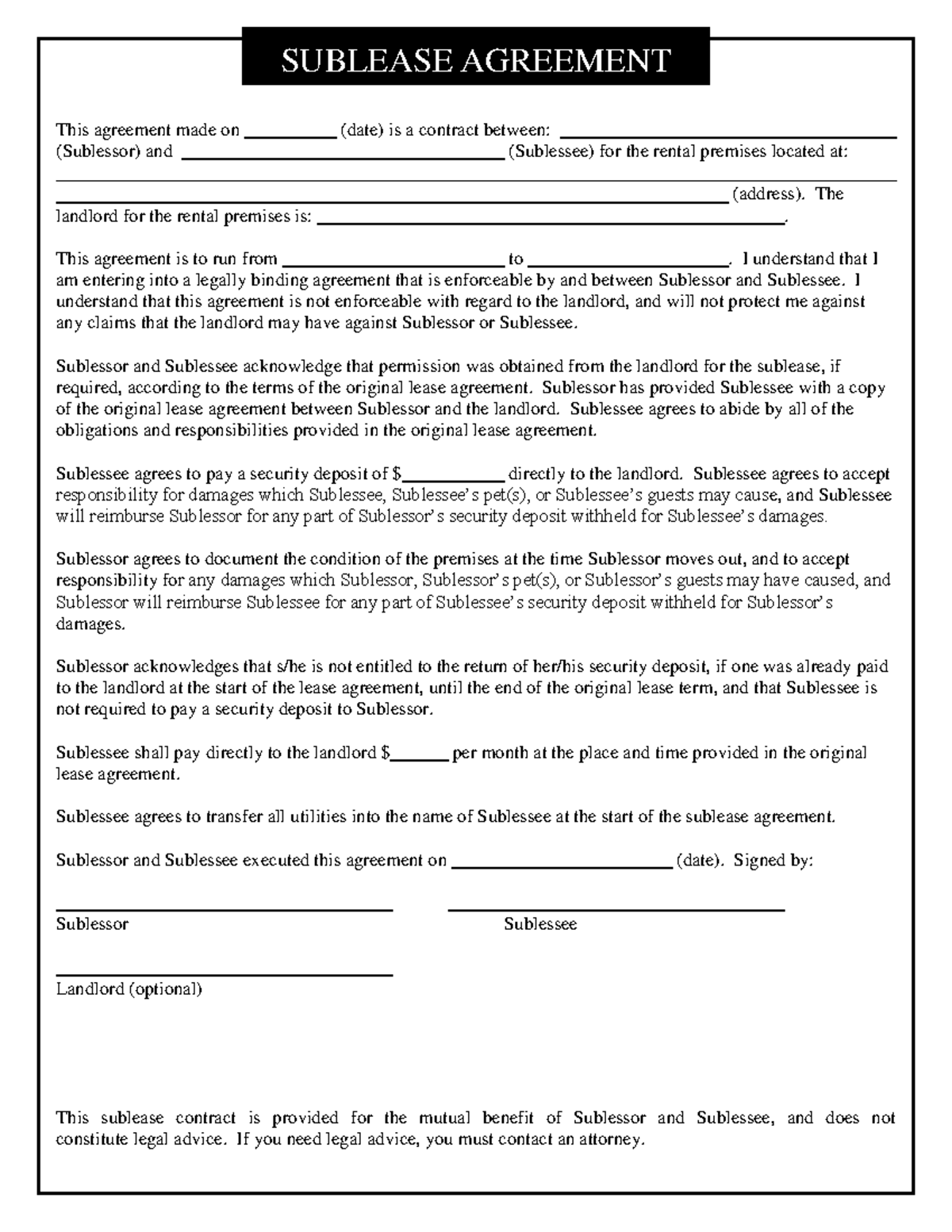 Sublease Agreement Template for Rental Premises - Studocu