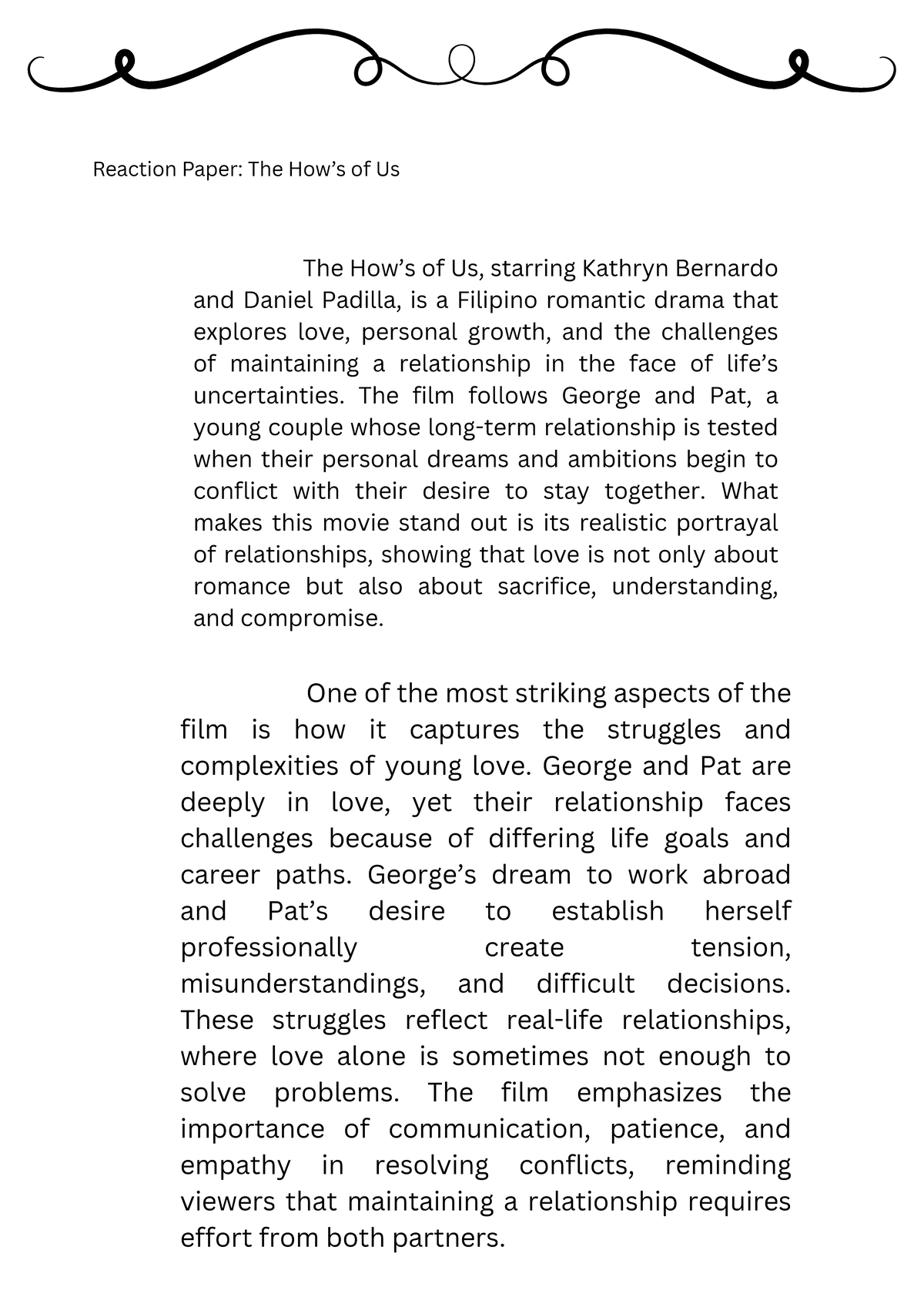 Reaction Paper: The of Us - Analyzing Love and Growth in Relationships ...