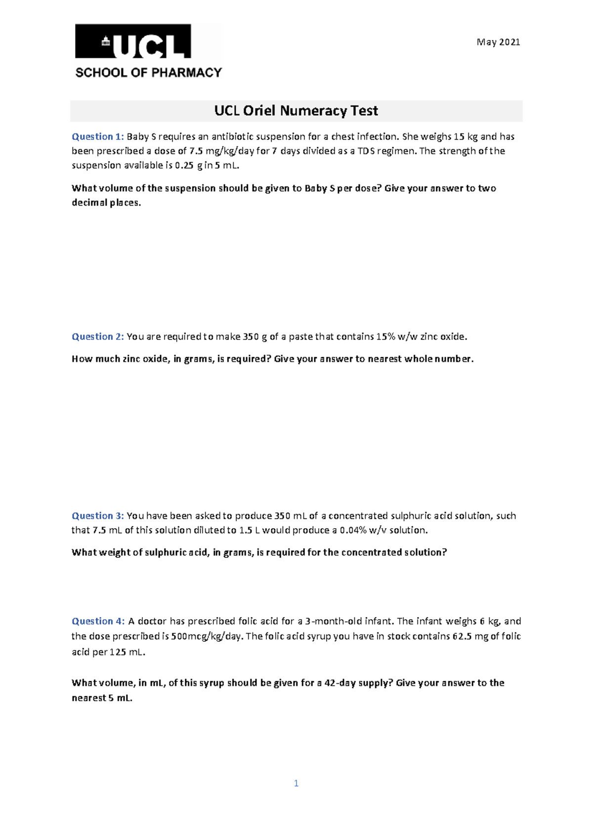 Calculation Questions for UCL Oriel Numeracy Test - May 2021 - Studocu