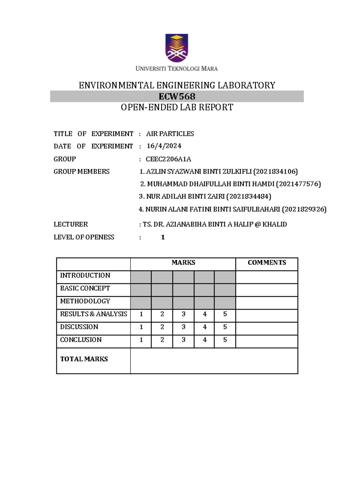 ECW568 Environmental Engineering Lab Report: Air Particles Experiment ...