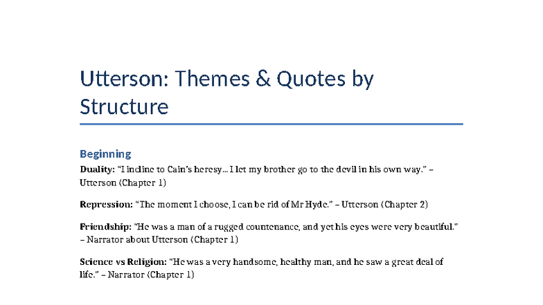 Utterson: Themes & Quotes Analysis (Chapters 1-10) - Studocu