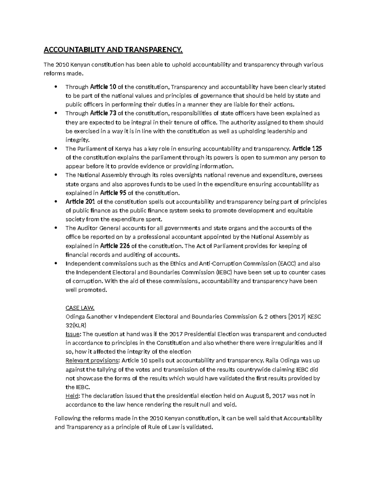 ACCOUNTABILITY AND TRANSPARENCY IN KENYA'S 2010 CONSTITUTION - Studocu