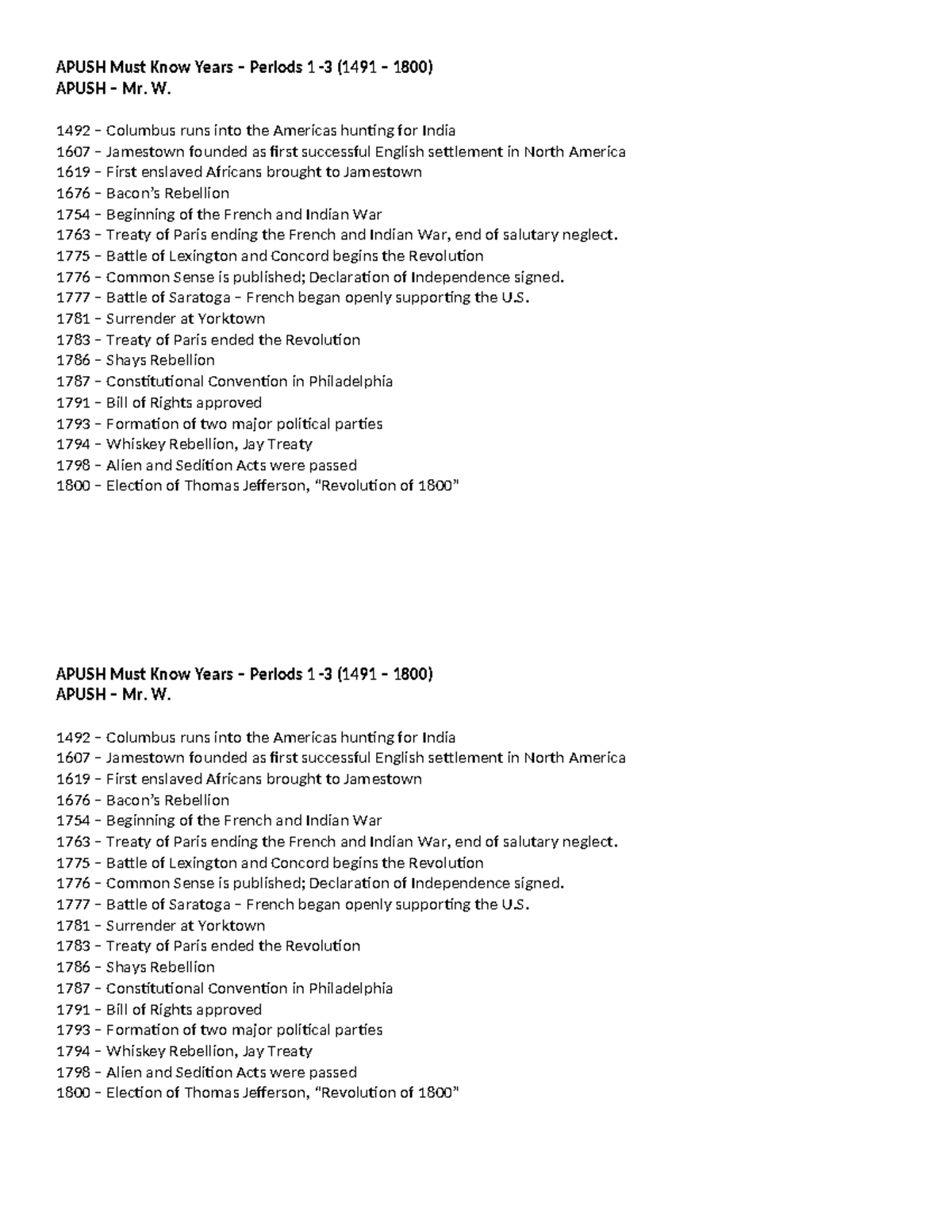 APUSH Must Know Years - Periods 1-3 (1491-1800) - Studocu