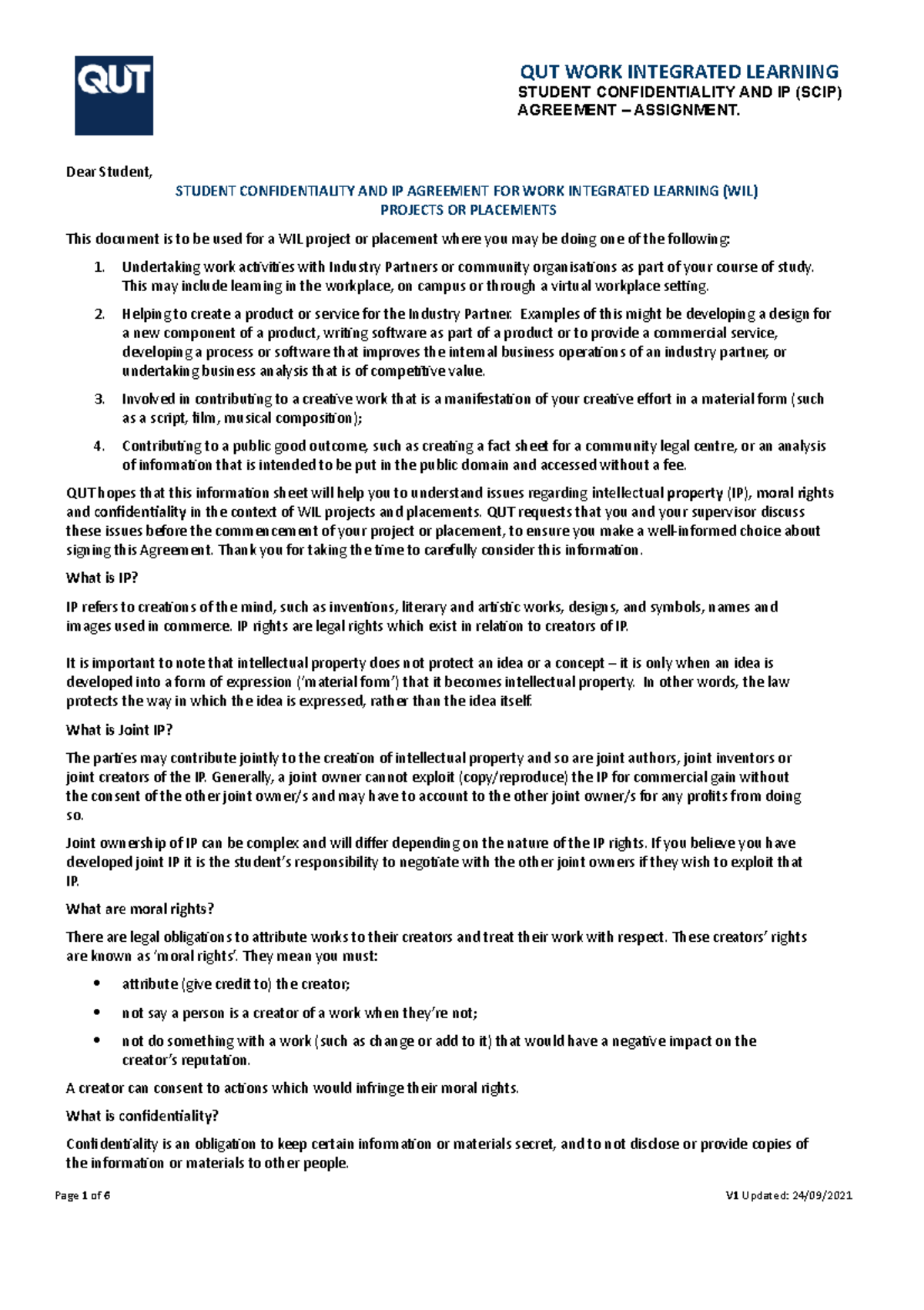 QUT SCIP Agreement for WIL Projects with Uniting Care (PYB300) - Studocu