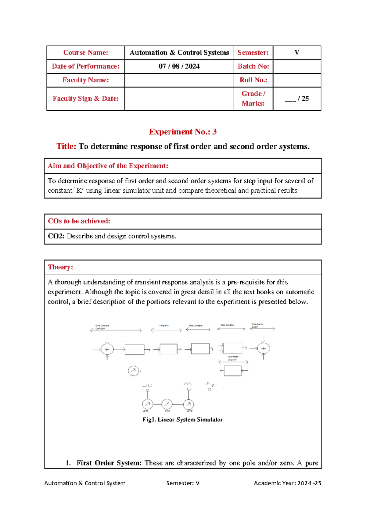 Automation Control Systems: First & Second Order Response Analysis ...
