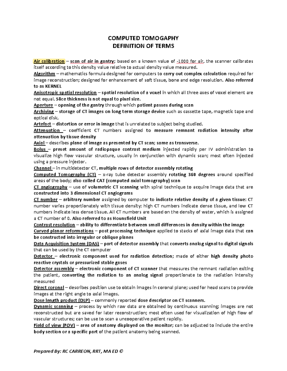 CT SCAN TERMS: Key Definitions and Concepts for Understanding - Studocu