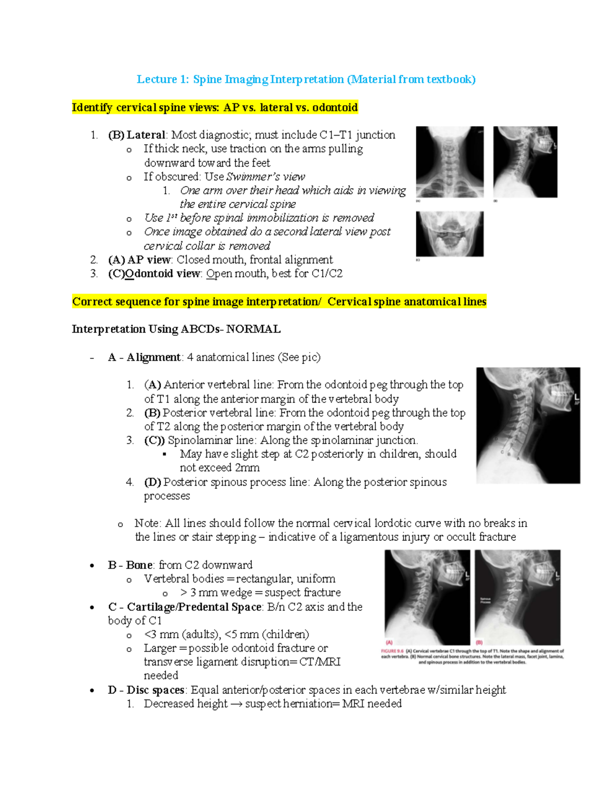 Lecture 1: Cervical Spine Imaging & Wound Management (EXAM BP) - Studocu