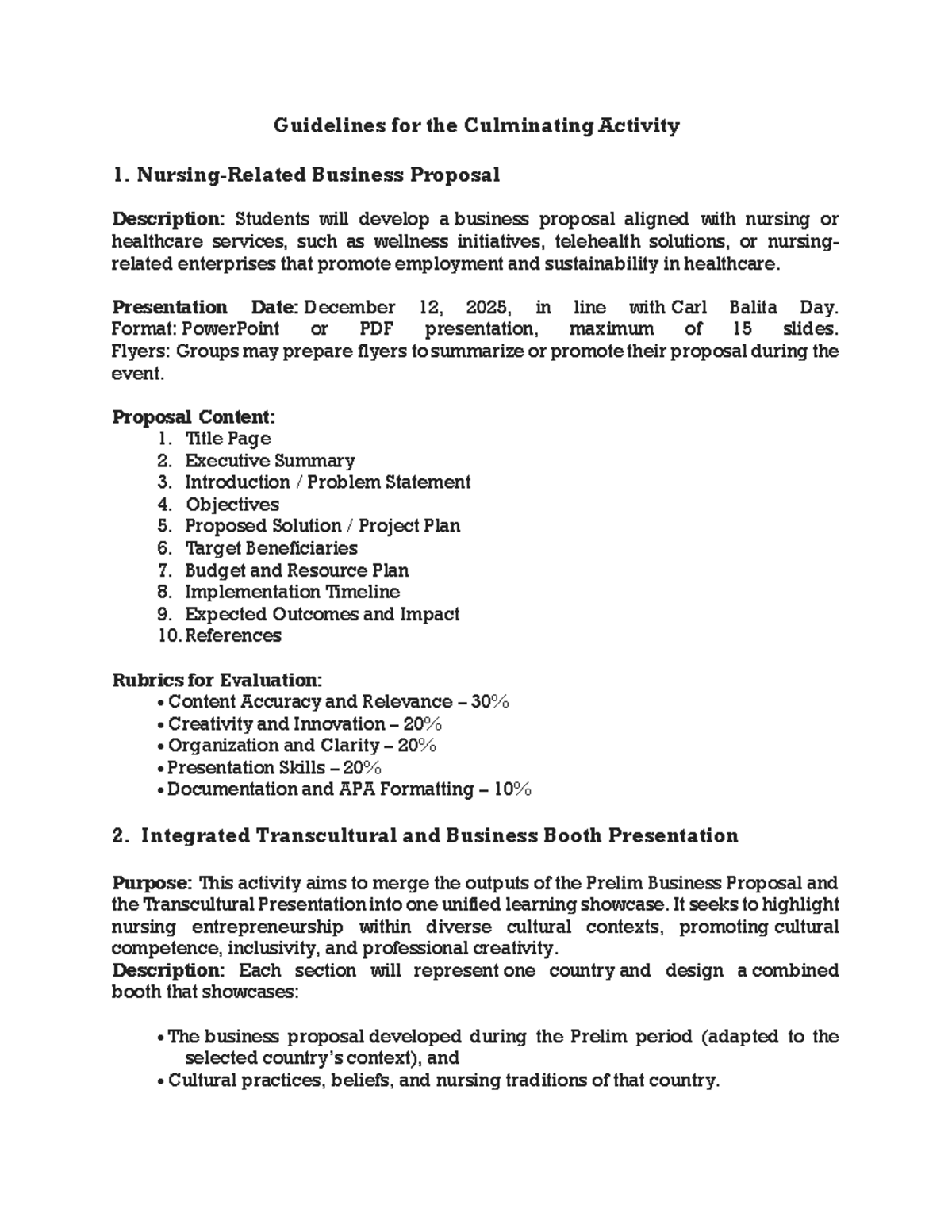 Culminating Activity Guidelines: Business Proposal & Presentation - Studocu