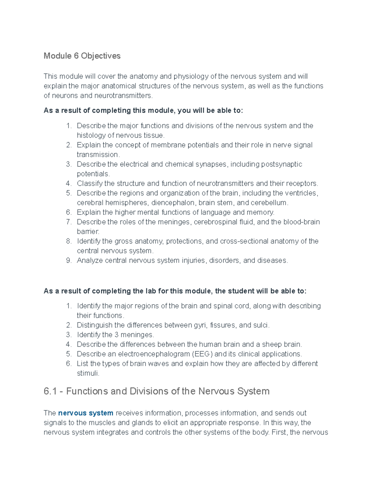 Module 6 Exam Notes: Nervous System Anatomy & Physiology - Studocu