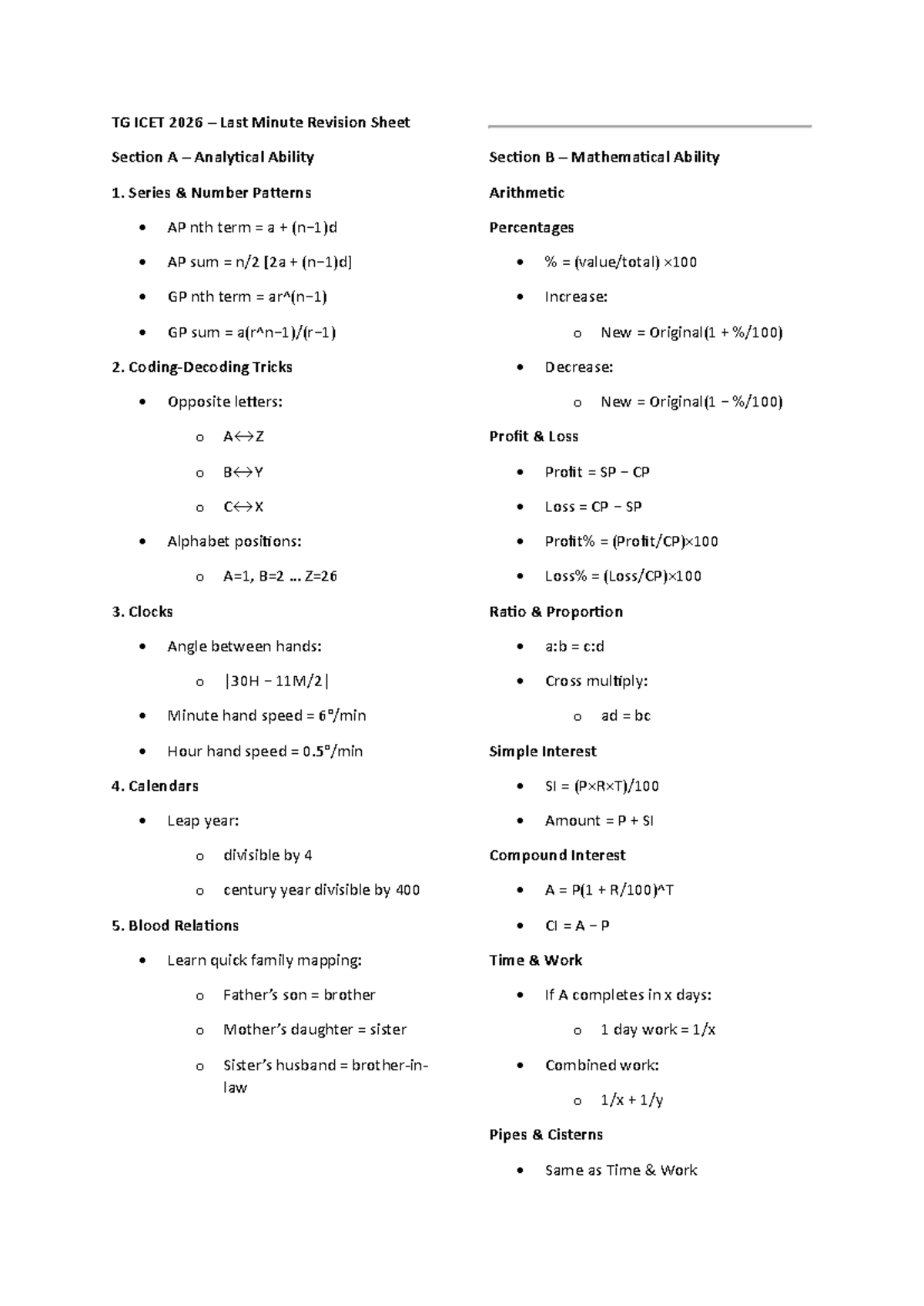 TG ICET 2026 Last Minute Revision Sheet for Analytical & Mathematical ...