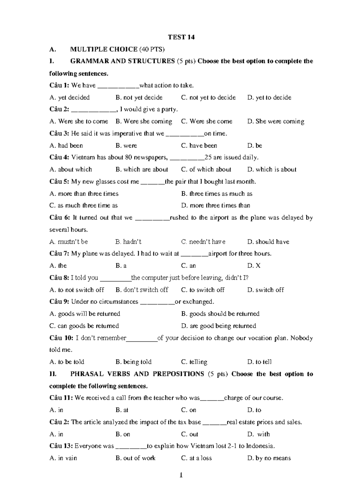 TEST 14 - Practice Test for English Exams and Vocabulary Skills - Studocu