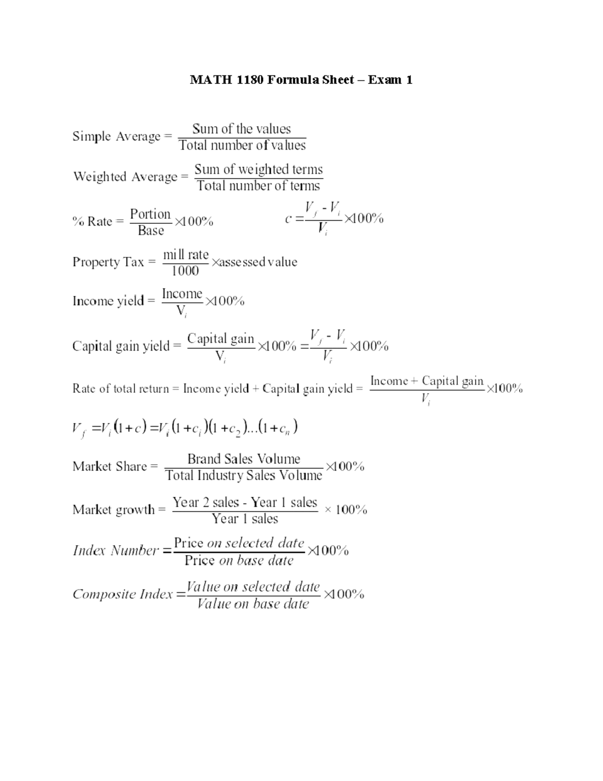 MATH 1180 Exam 1 Formula Sheet - MATH 1180 Formula Sheet Exam 1 Sum of ...