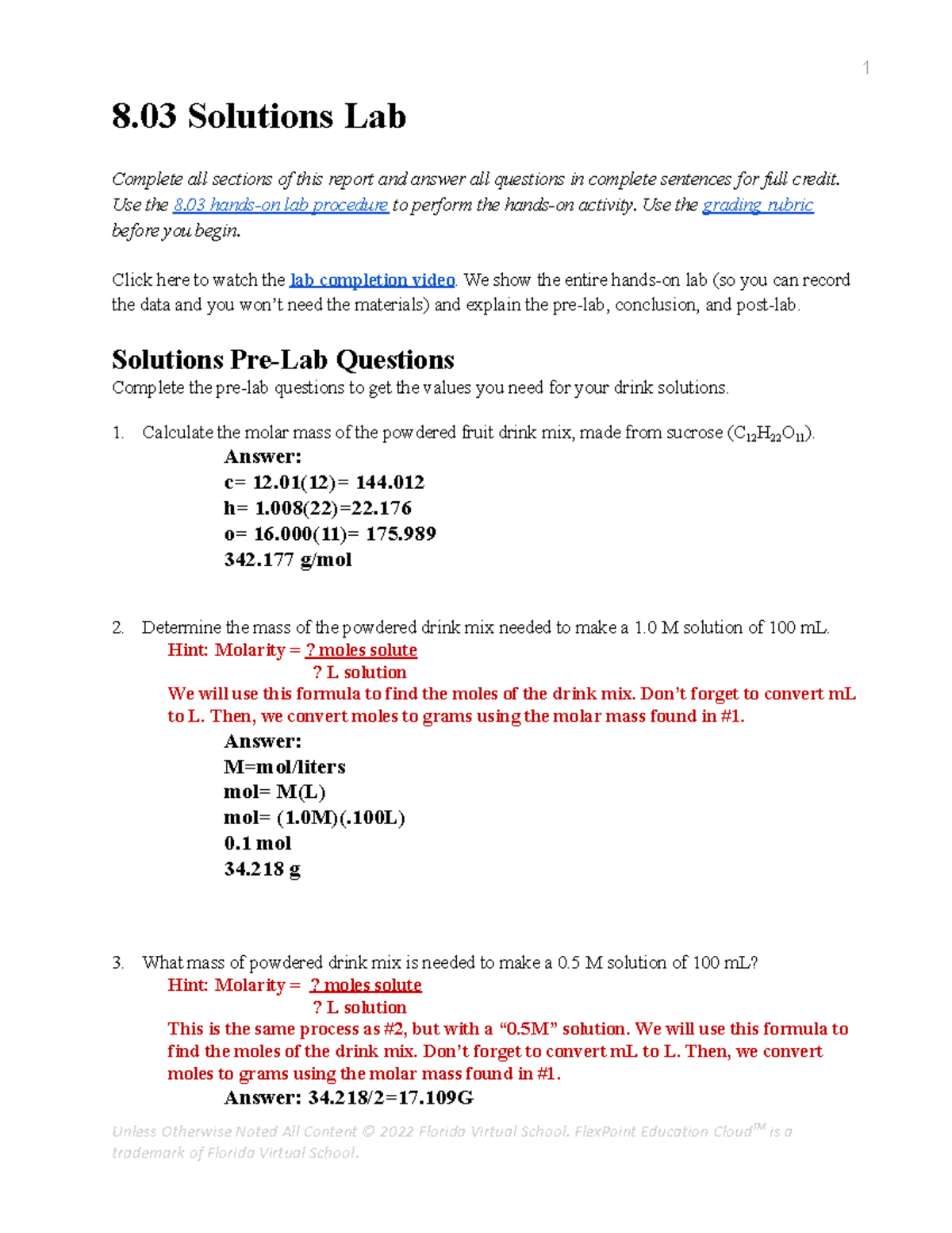 8.03 Solutions Lab Assignment: Molarity Calculations & Post-Lab Analysis - Studocu