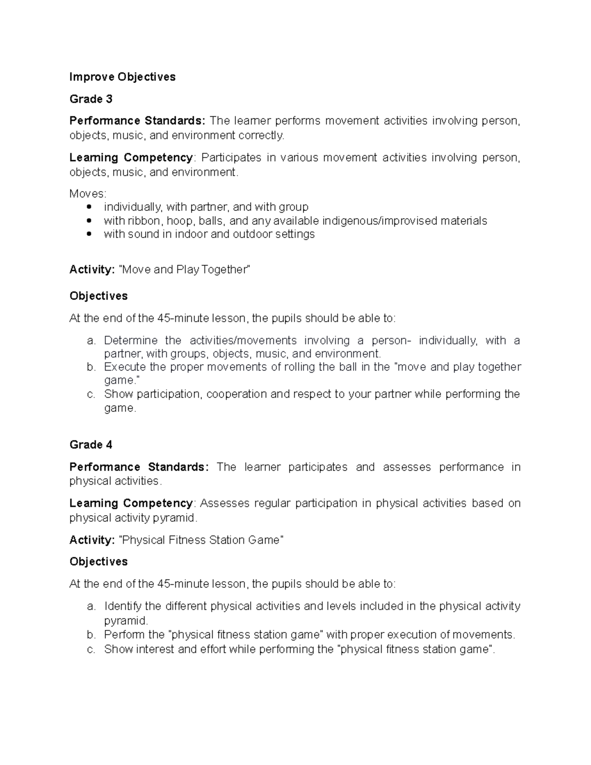 Grade 3 & 4 Physical Activities Objectives and Learning Competencies ...