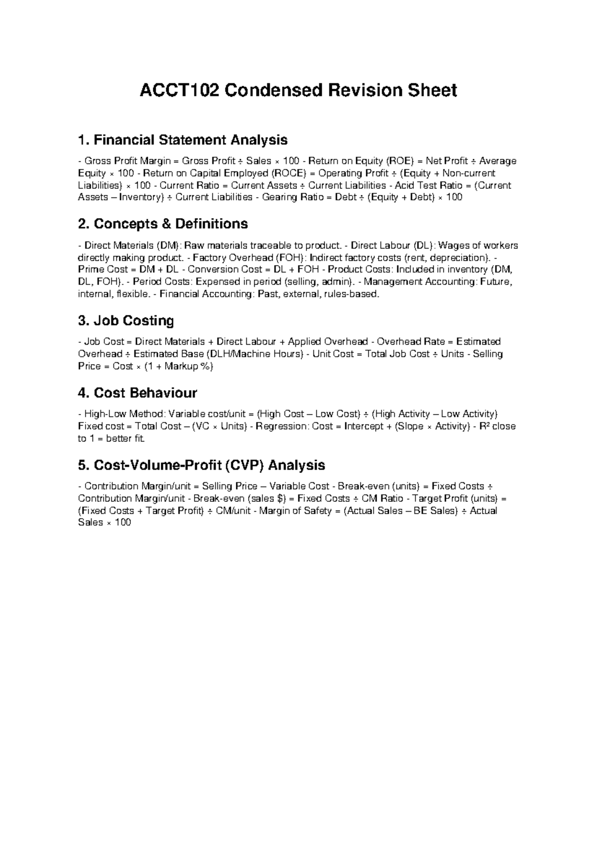 ACCT102 Financial Statement Analysis & Cost Concepts Revision Sheet ...