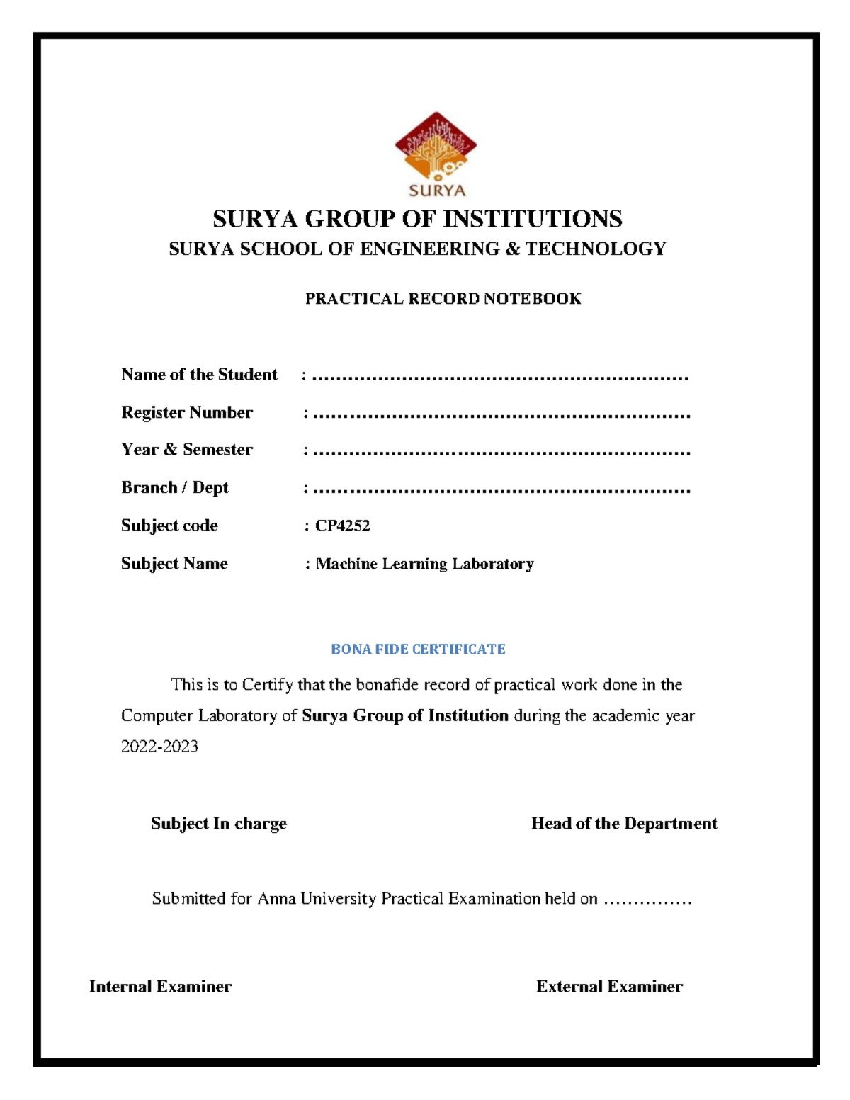 Machine Learning Lab Practical Record - CP4252 - Studocu