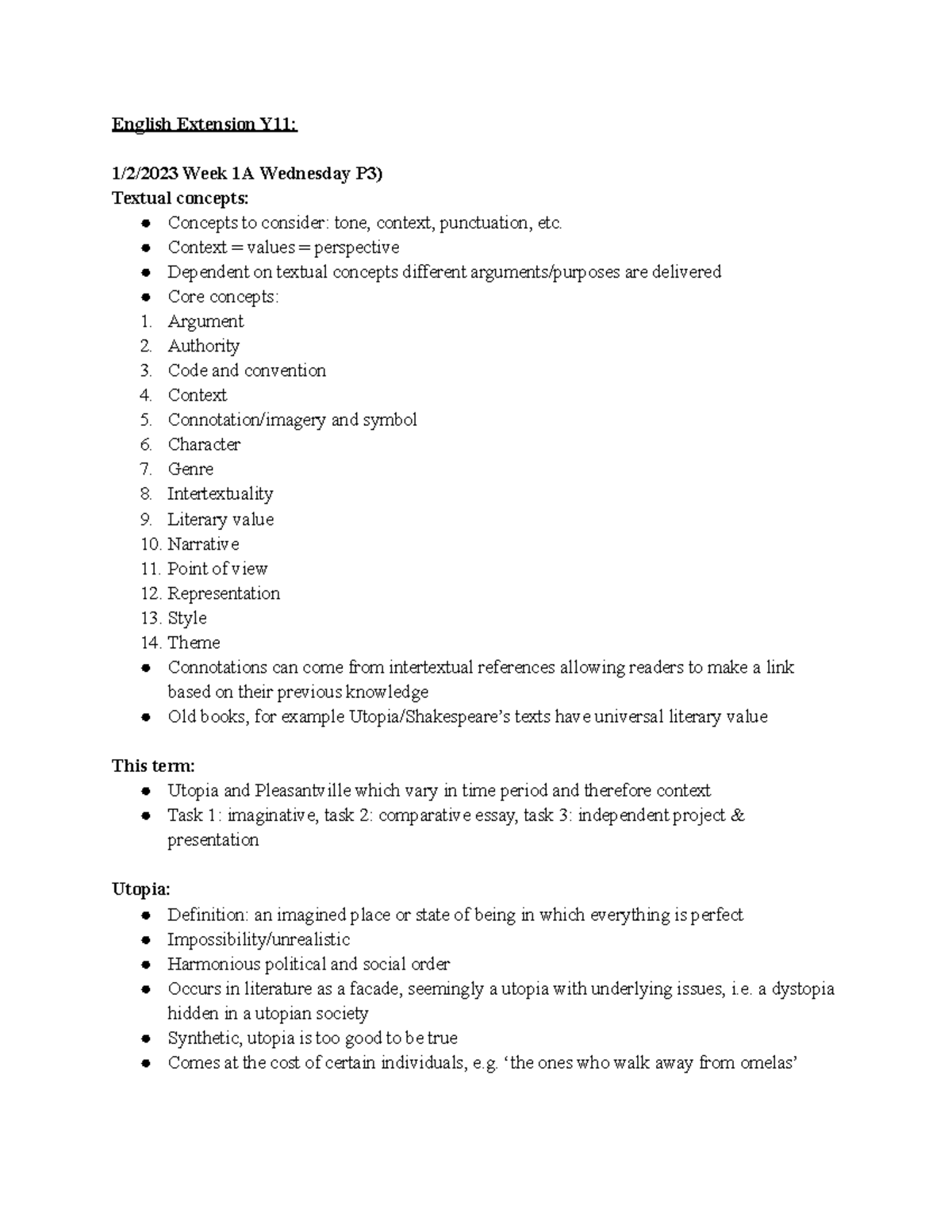 English Extension Y11: Utopia Textual Concepts & Analysis Notes - Studocu