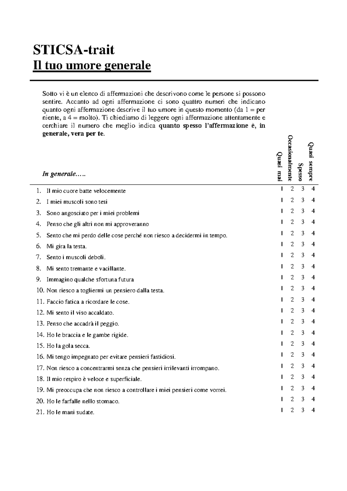 Sticsa: Valutazione del tuo umore generale e sintomi associati - Studocu