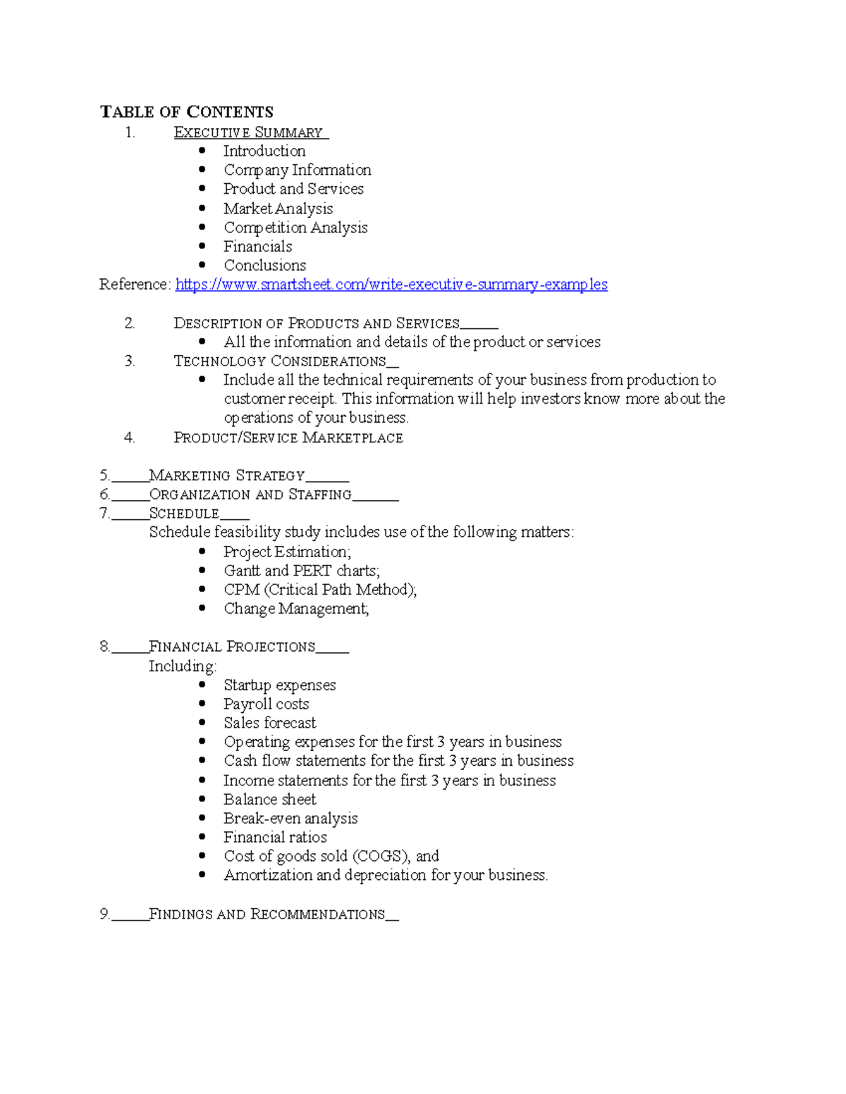 Financial Feasibility Content Planning for your Business - TABLE OF ...