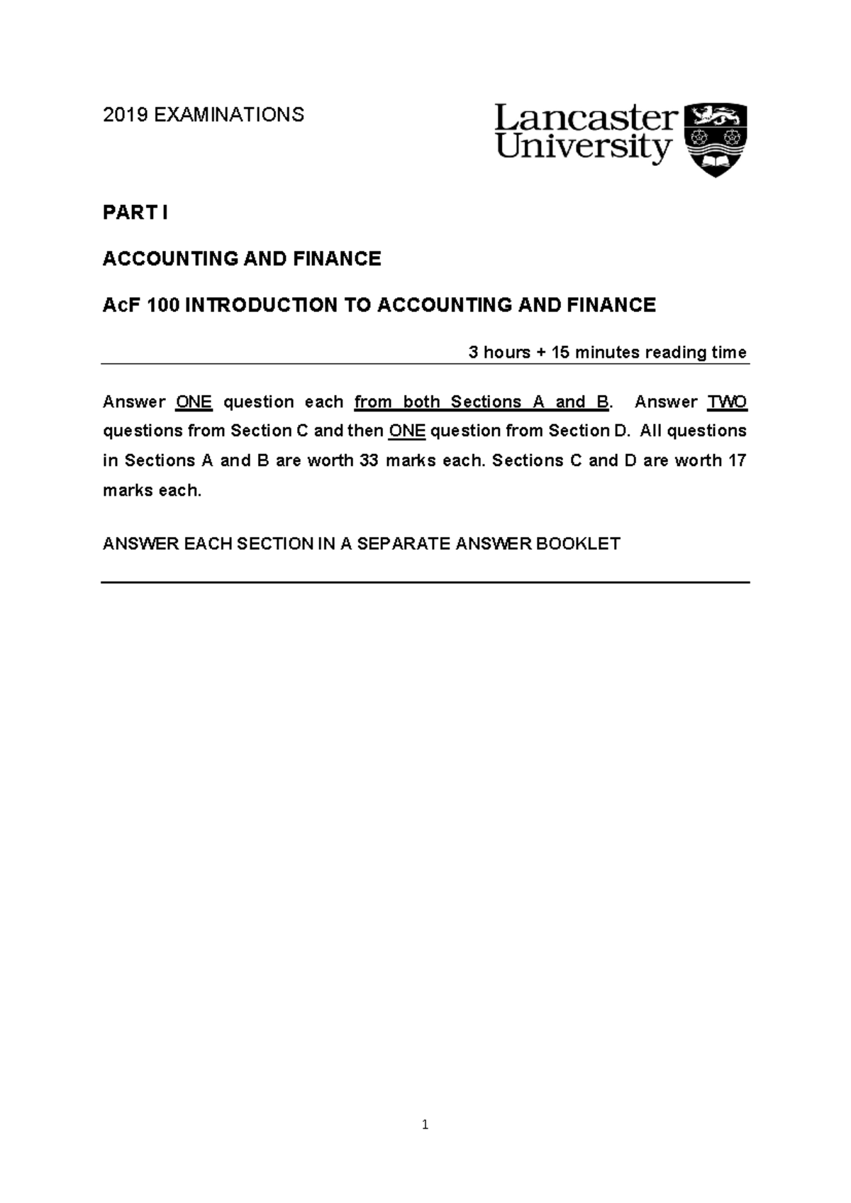 Ac F100Summer Exam Paper - 2019 EXAMINATIONS PART I ACCOUNTING AND ...