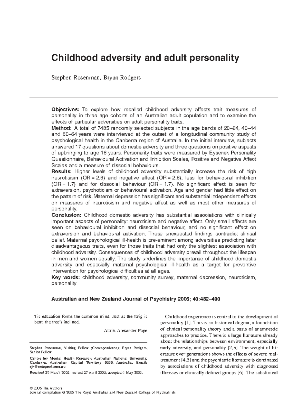 CHILDHOOD ADVERSITY AND ADULT PERSONALITY: A STUDY BY ROSENMAN ...