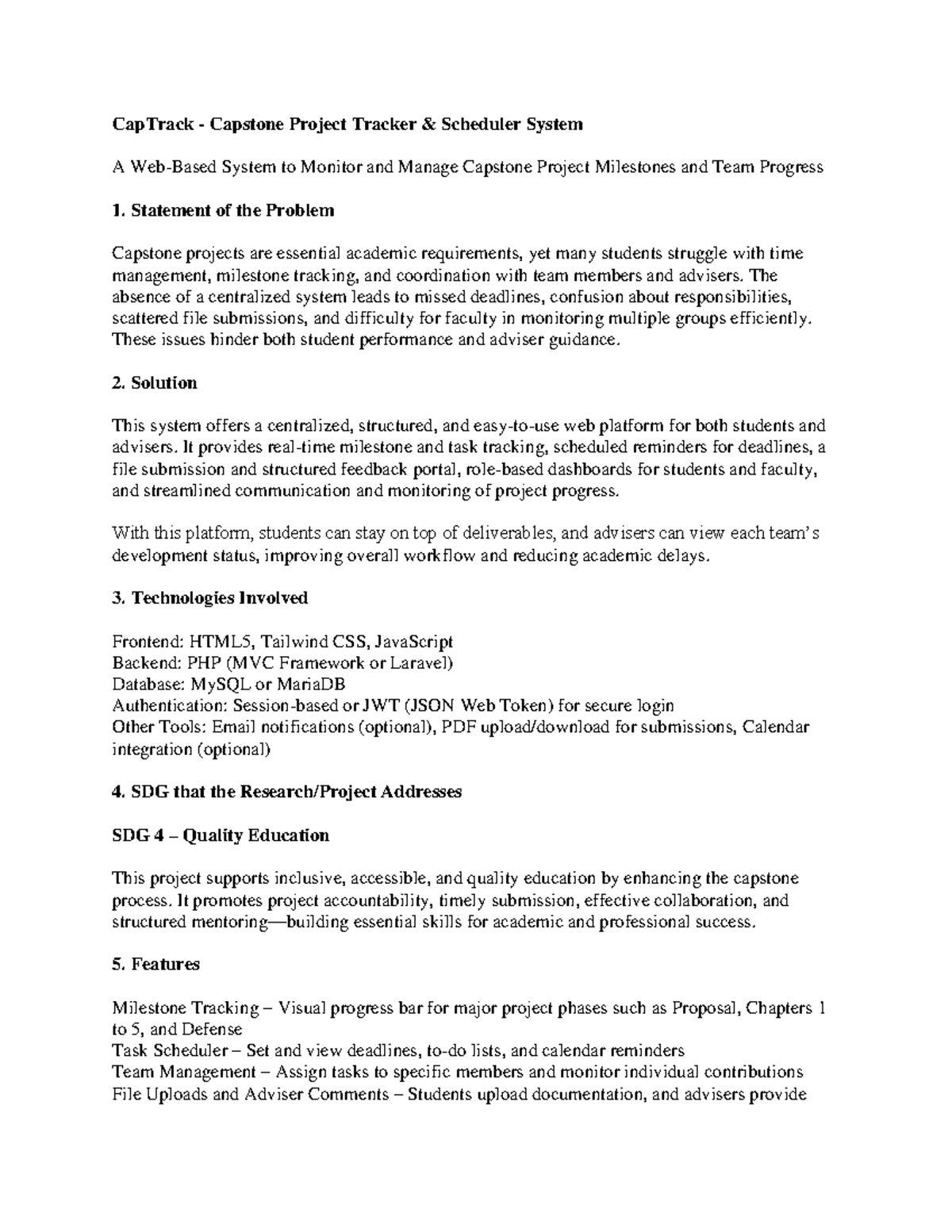 CapTrack Capstone Project Management System: Milestone Tracker - Studocu