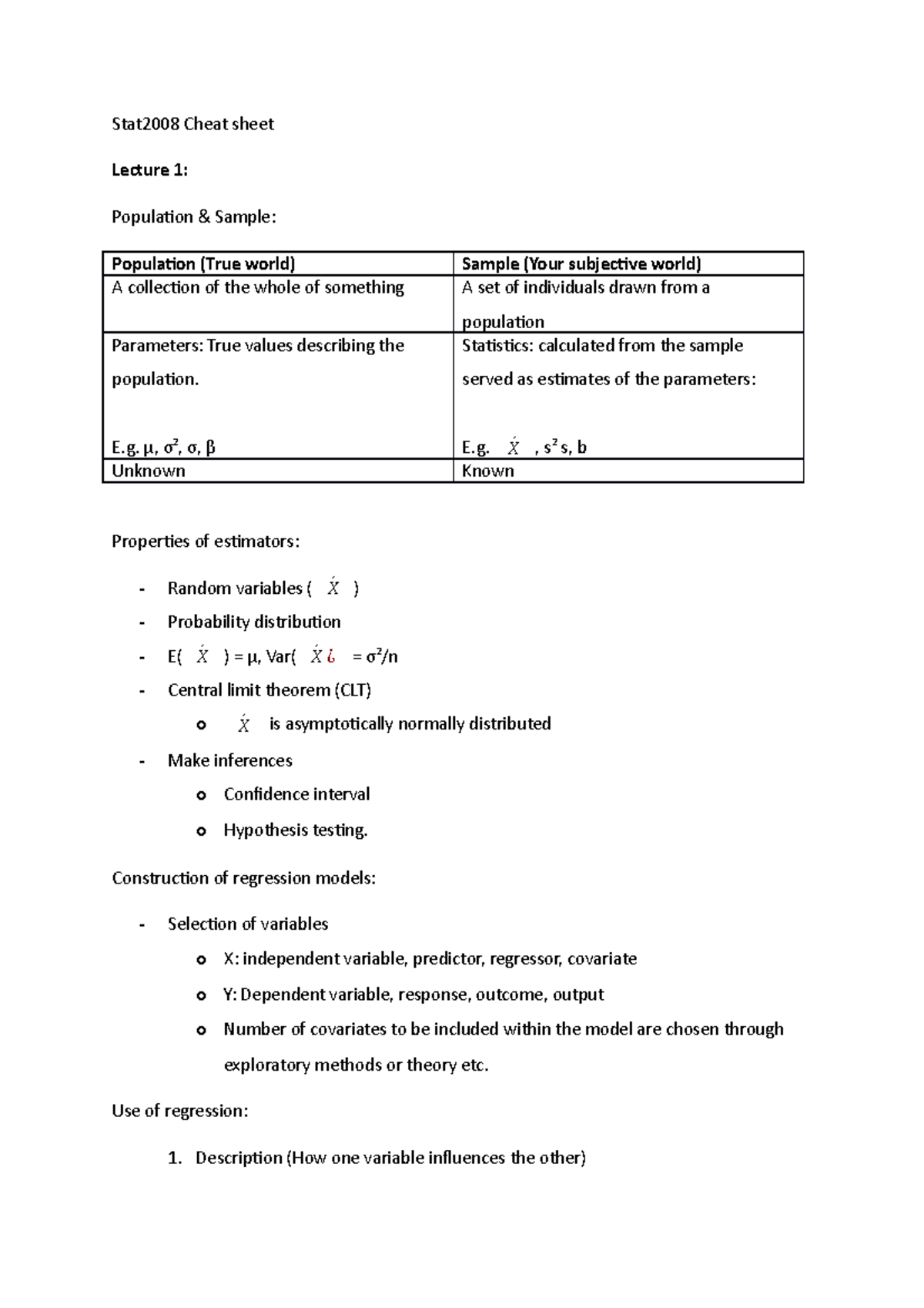 Stat2008 Lecture notes - Stat2008 Cheat sheet Lecture 1: Population ...