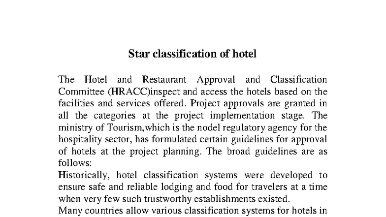 Star Classification of Hotels: HRACC Guidelines and Standards - Studocu